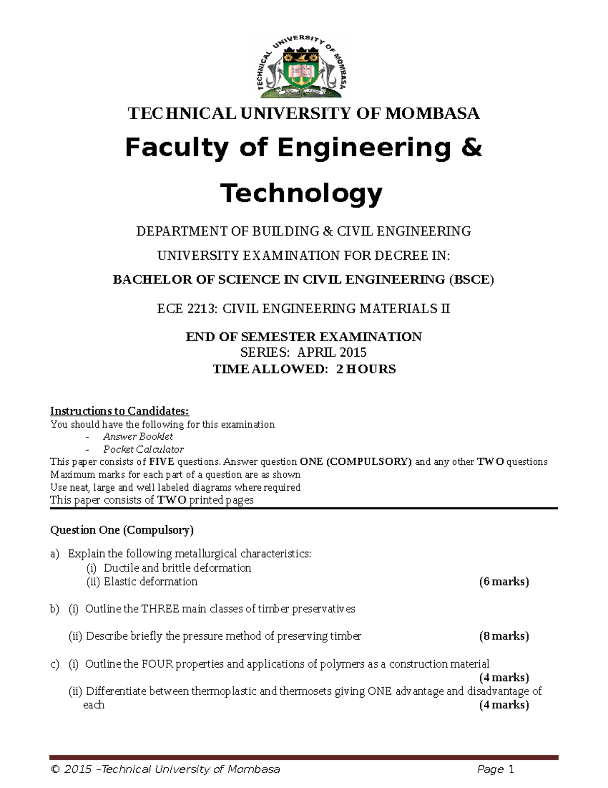 Civil Engineering Materials II ECE 2213 - bsce Copy - TECHNICAL ...
