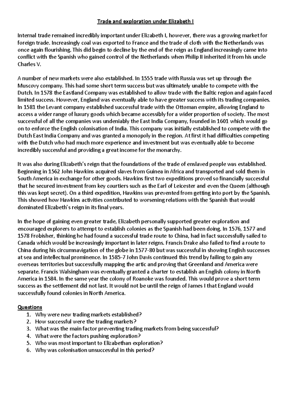 Trade and exploration under Elizabeth I - Trade and exploration under ...