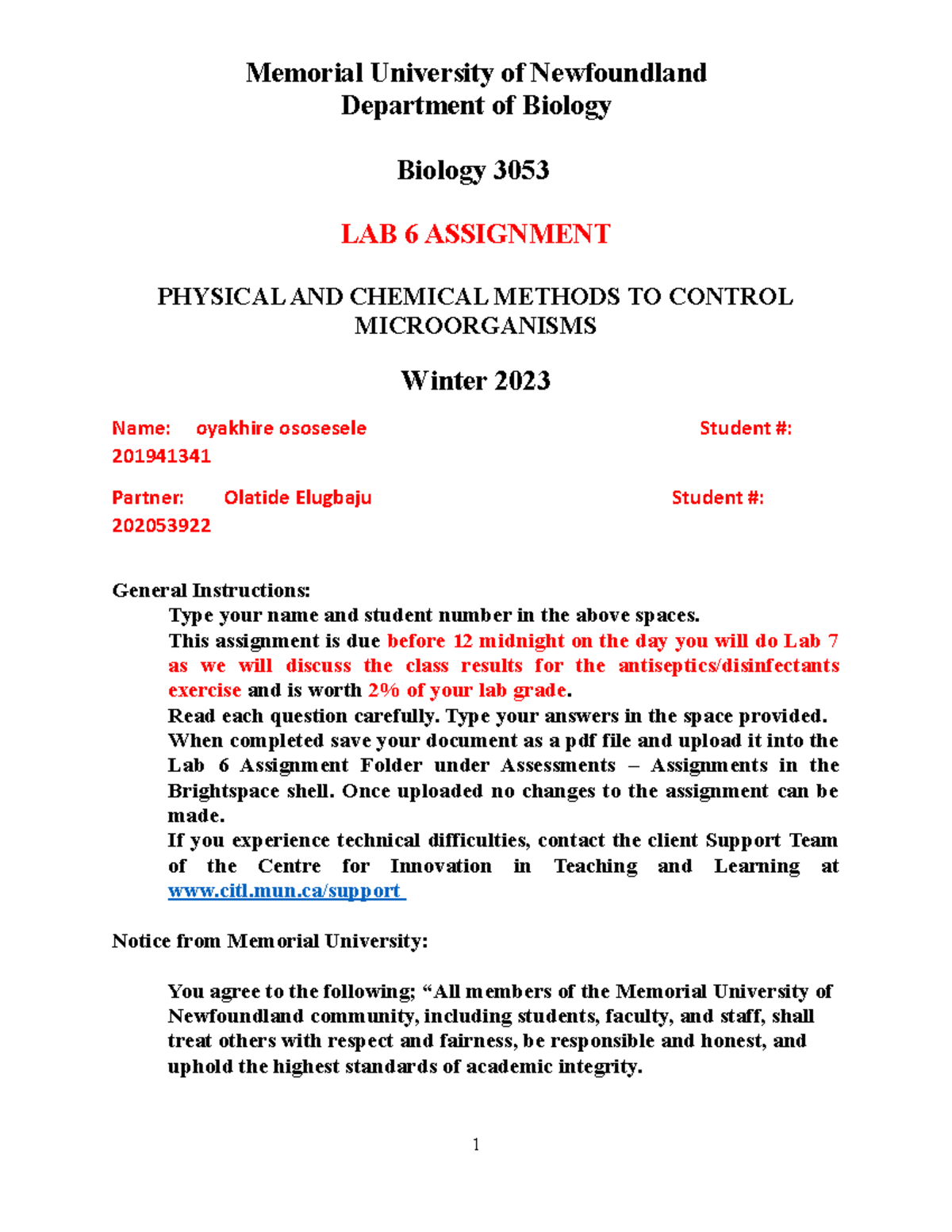 BIOL 3053 Lab 6 Assignment (Winter 2023) - Memorial University of ...