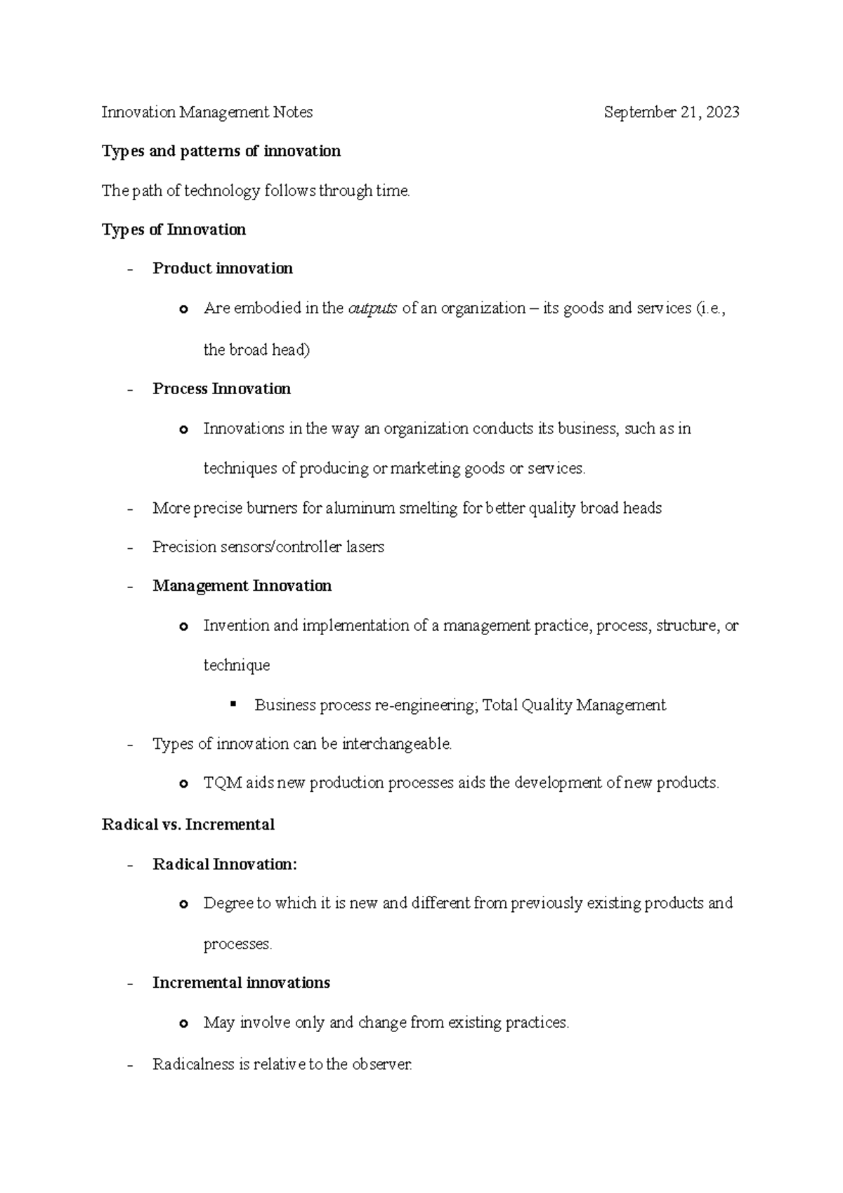 Innovation Management Notes September 21 - Types of Innovation ...