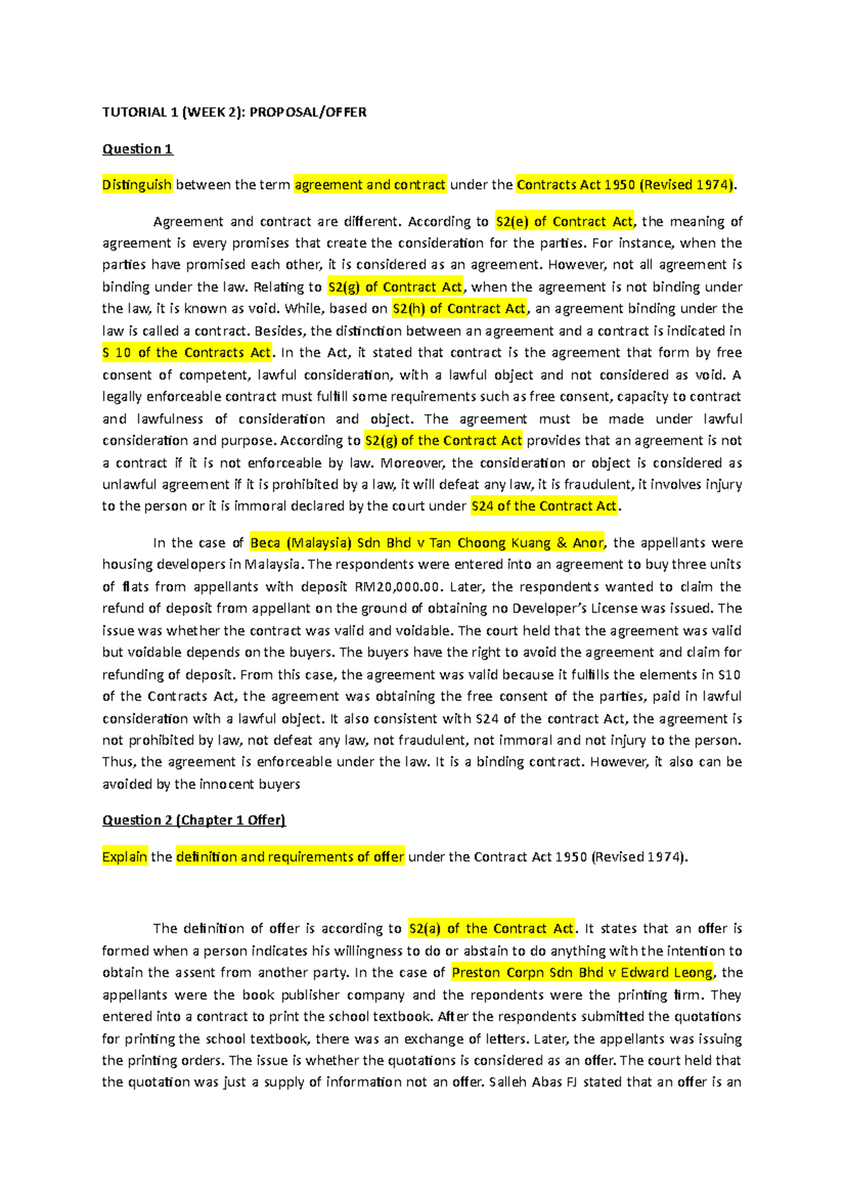 Tutorial 1 Offer - TUTORIAL 1 (WEEK 2): PROPOSAL/OFFER Question 1 ...