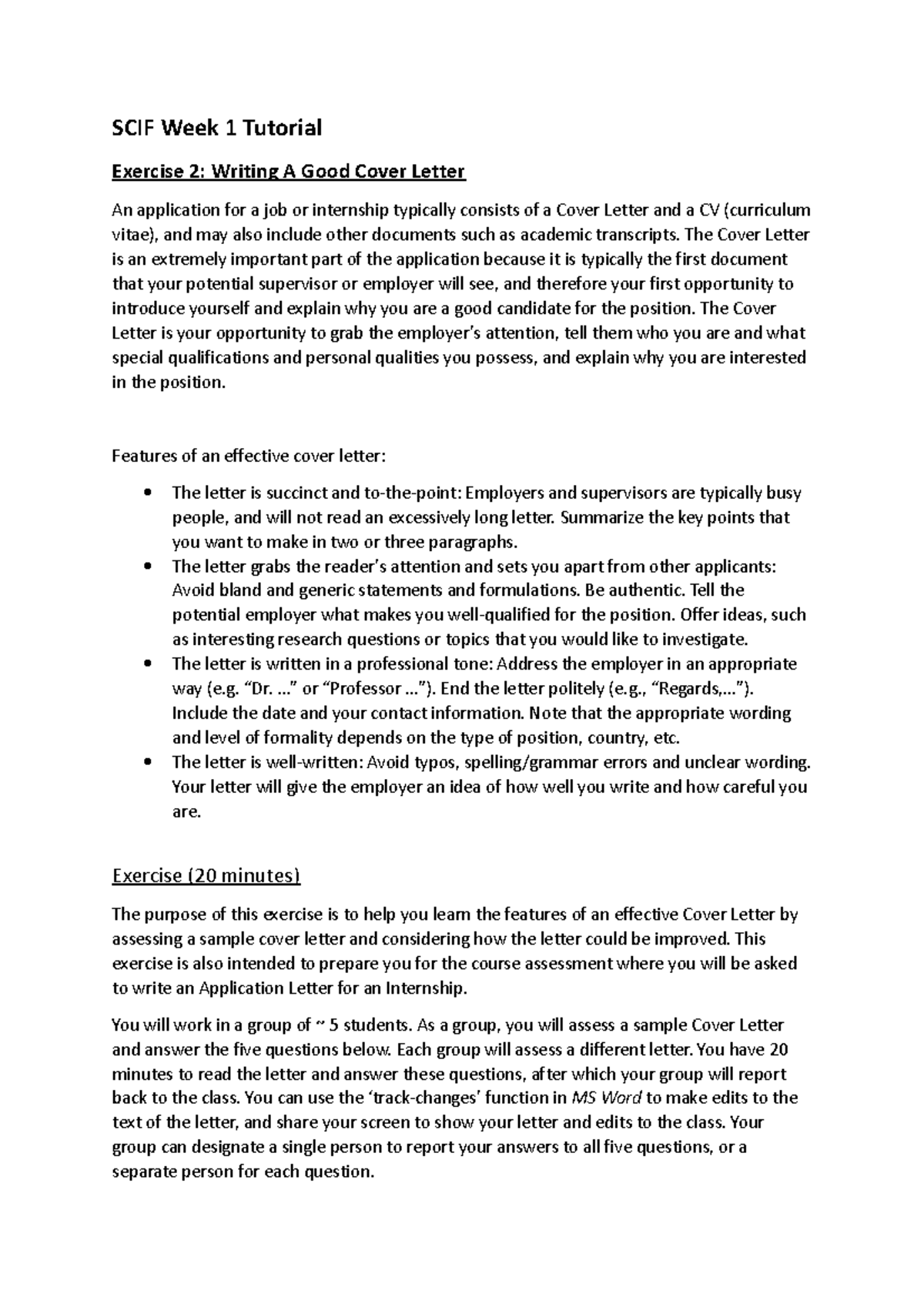 Exercise 2 - Writing a Good Cover Letter-2 - SCIF Week 1 Tutorial Exercise 2: Writing A Good ...