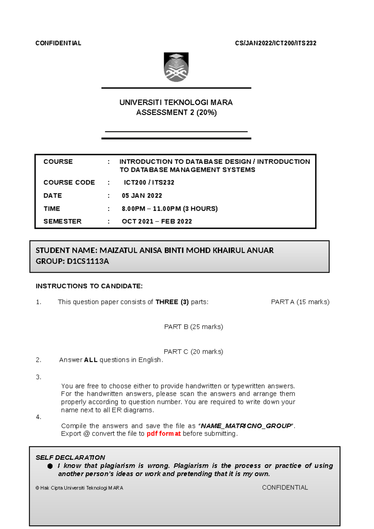 TEST ICT200 ITS232 OCT21 FEB22 QUE - CONFIDENTIAL CS/JAN2022/ICT200/ITS ...