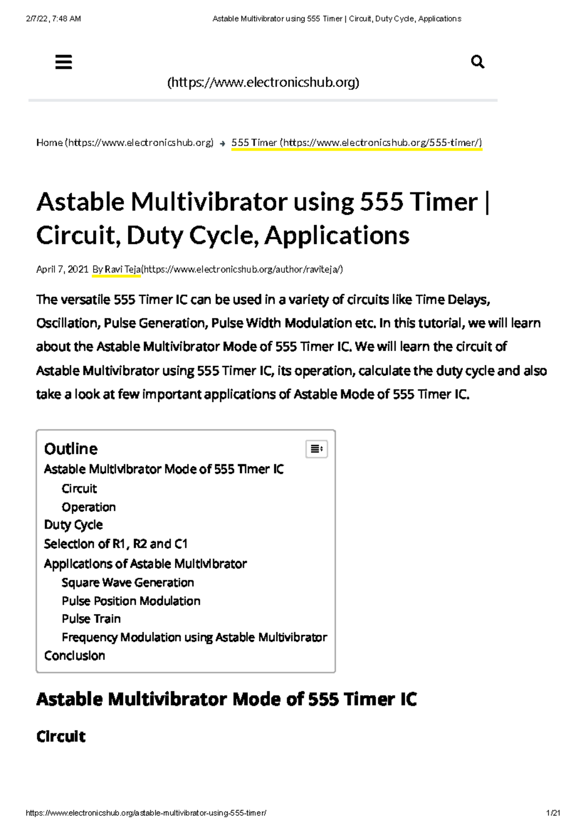Astable Multivibrator using 555 Timer Circuit, Duty Cycle, Applications ...