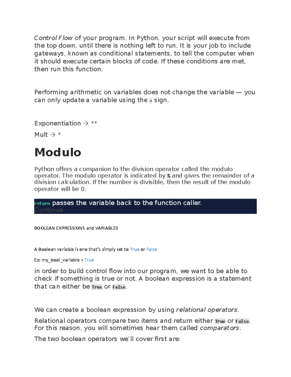Python notes - Control Flow of your program. In Python, your script ...