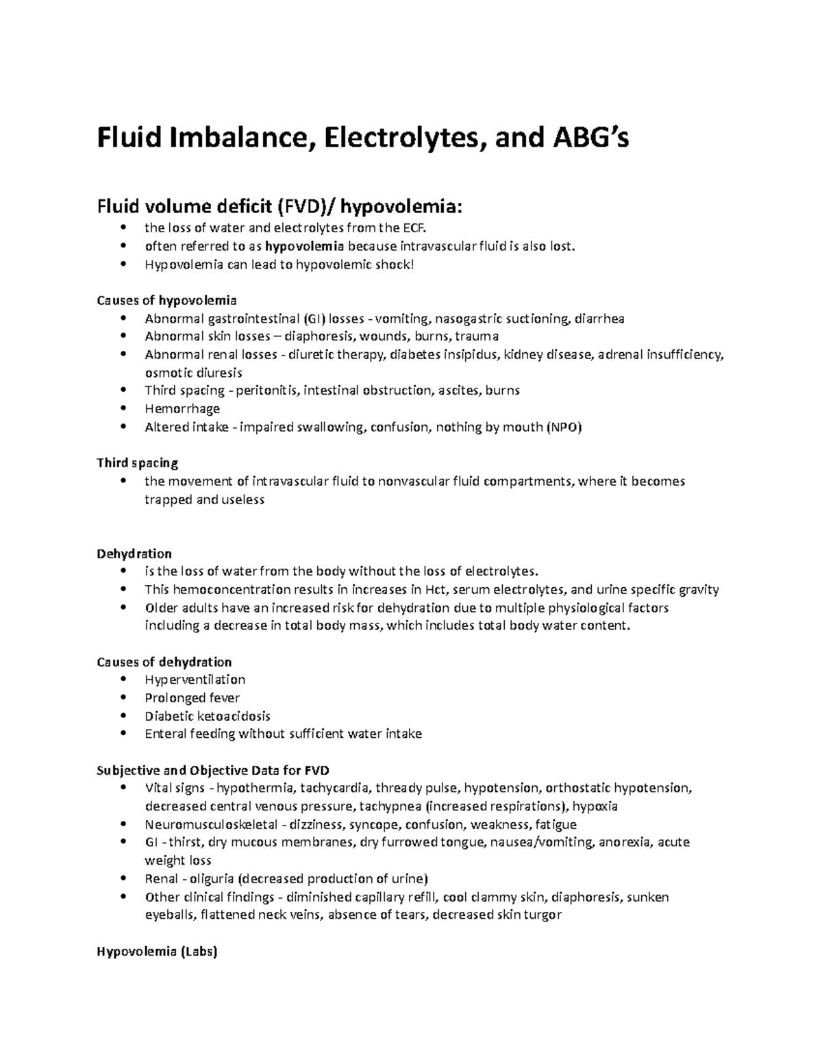 Fe abg lecture notes - Fluid Imbalance, Electrolytes, and ABG’s Fluid ...