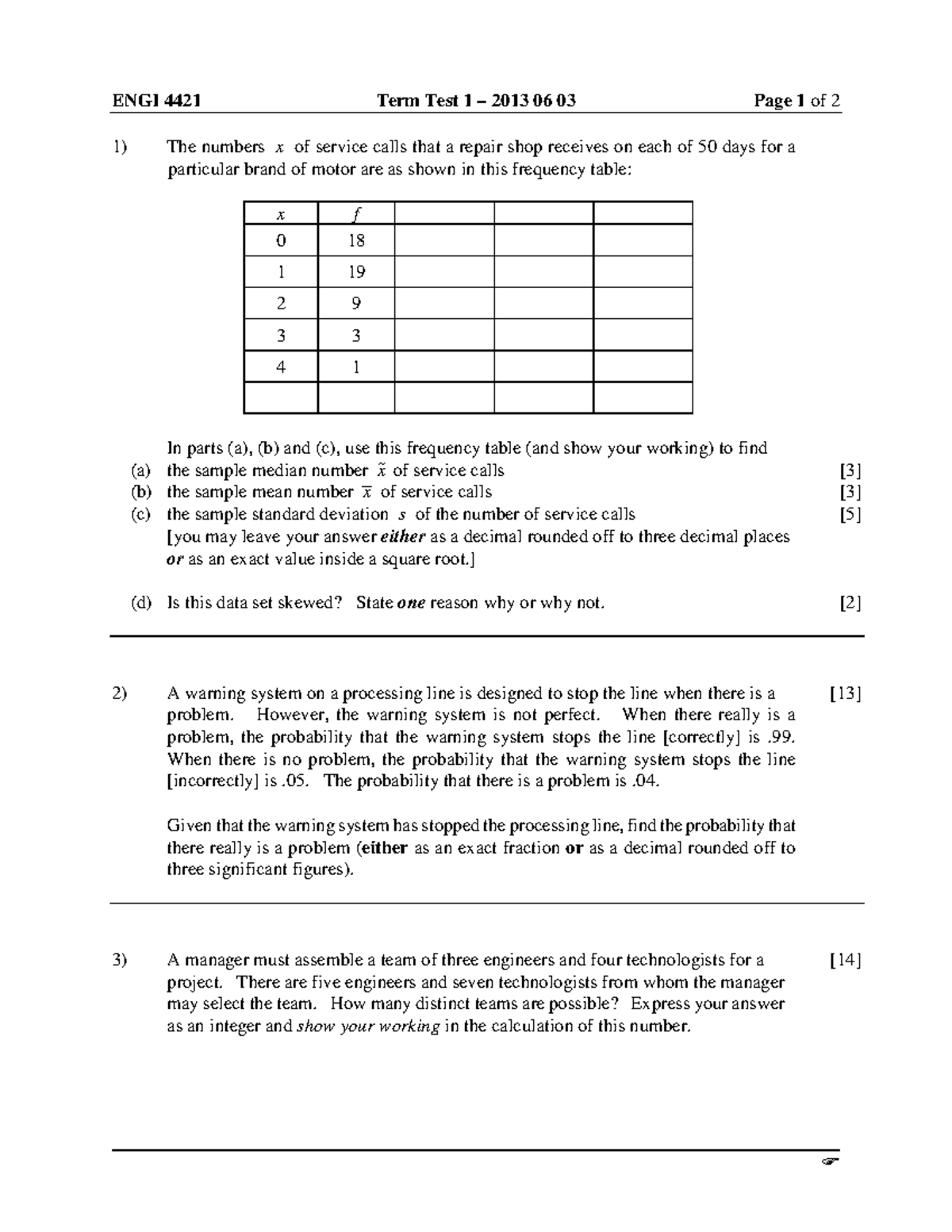 Exam 2013, questions and answers - Engi 4421 term 1 and 2 both test ...