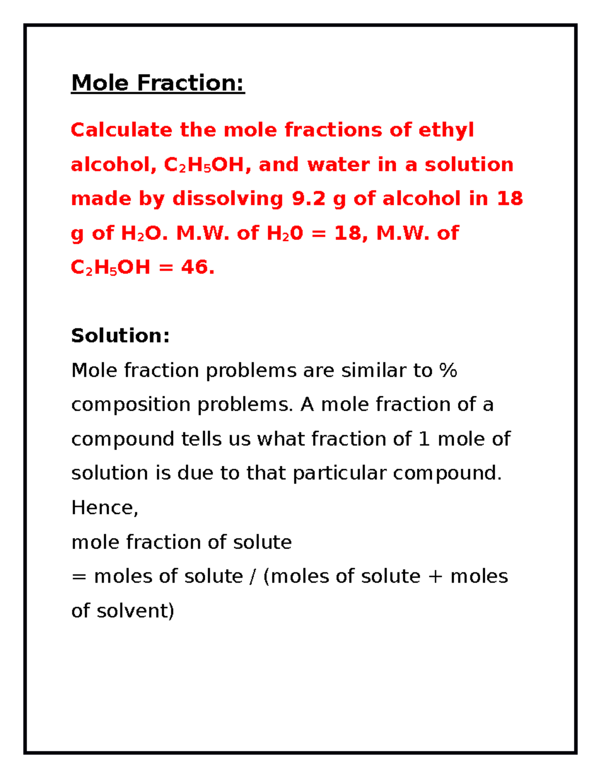 Numerical Question On Mole Concept Mole Fraction Calculate The Mole