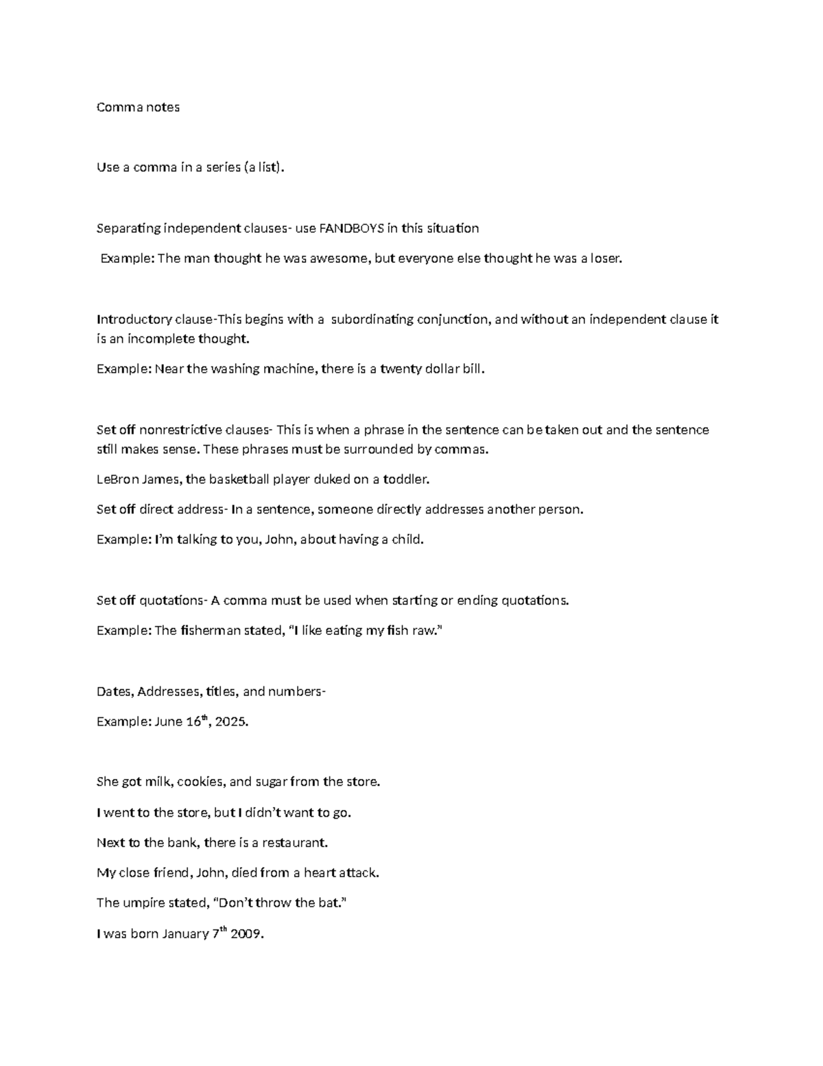 Comma notes - dafadfa - Comma notes Use a comma in a series (a list ...