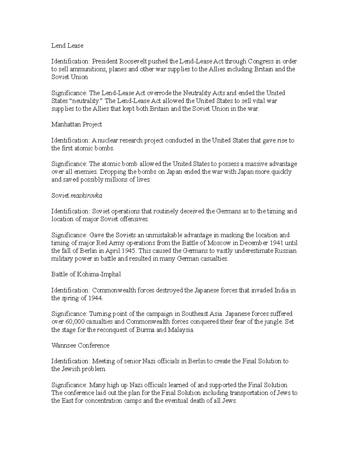 WWII Final Exam Study Guide - Lend Lease Identification: President ...