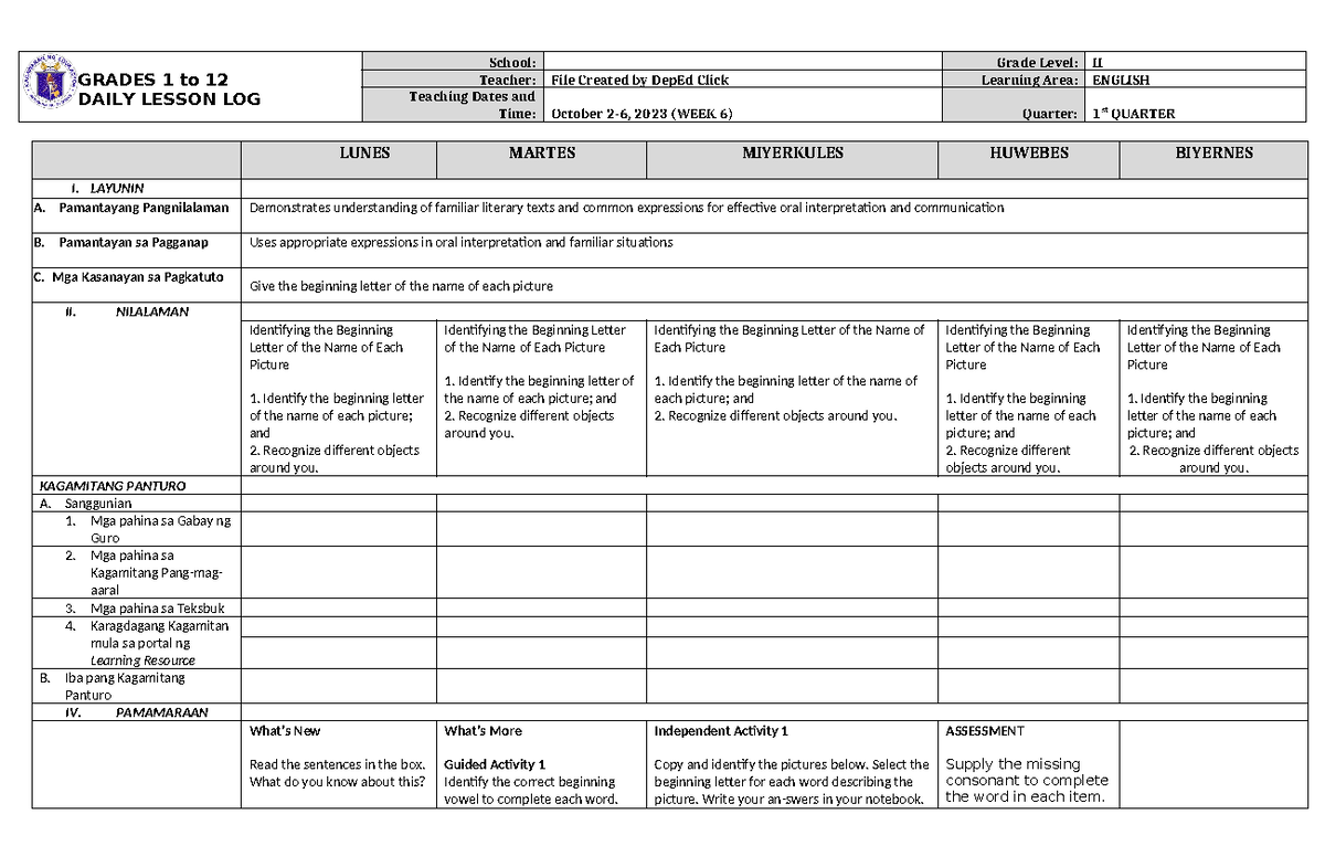 DLL English 2 Q1 W6 - Lesson Plan - GRADES 1 to 12 DAILY LESSON LOG ...