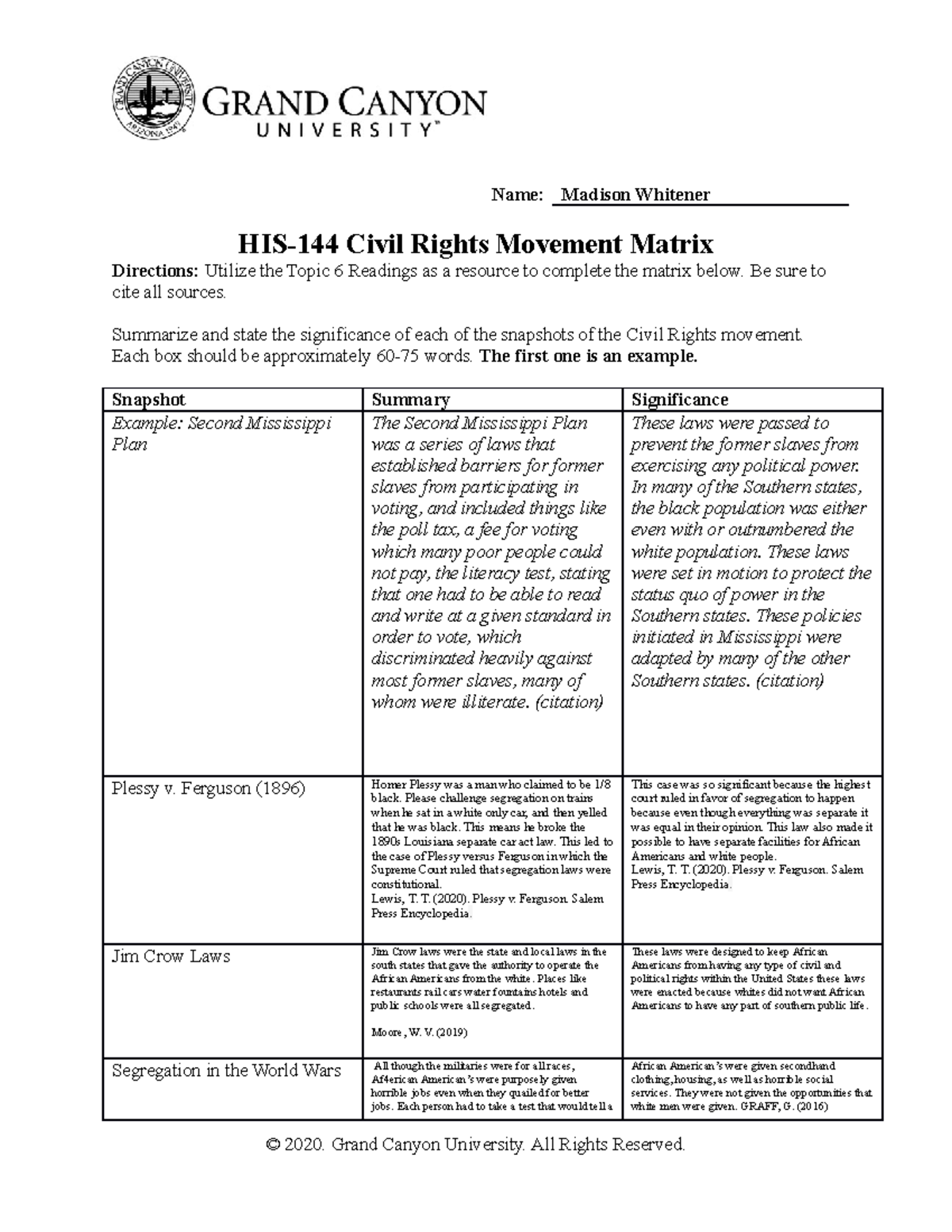 HIS-144-T6 Civil Rights Movement Matrix Online - Name: Madison Whitener ...