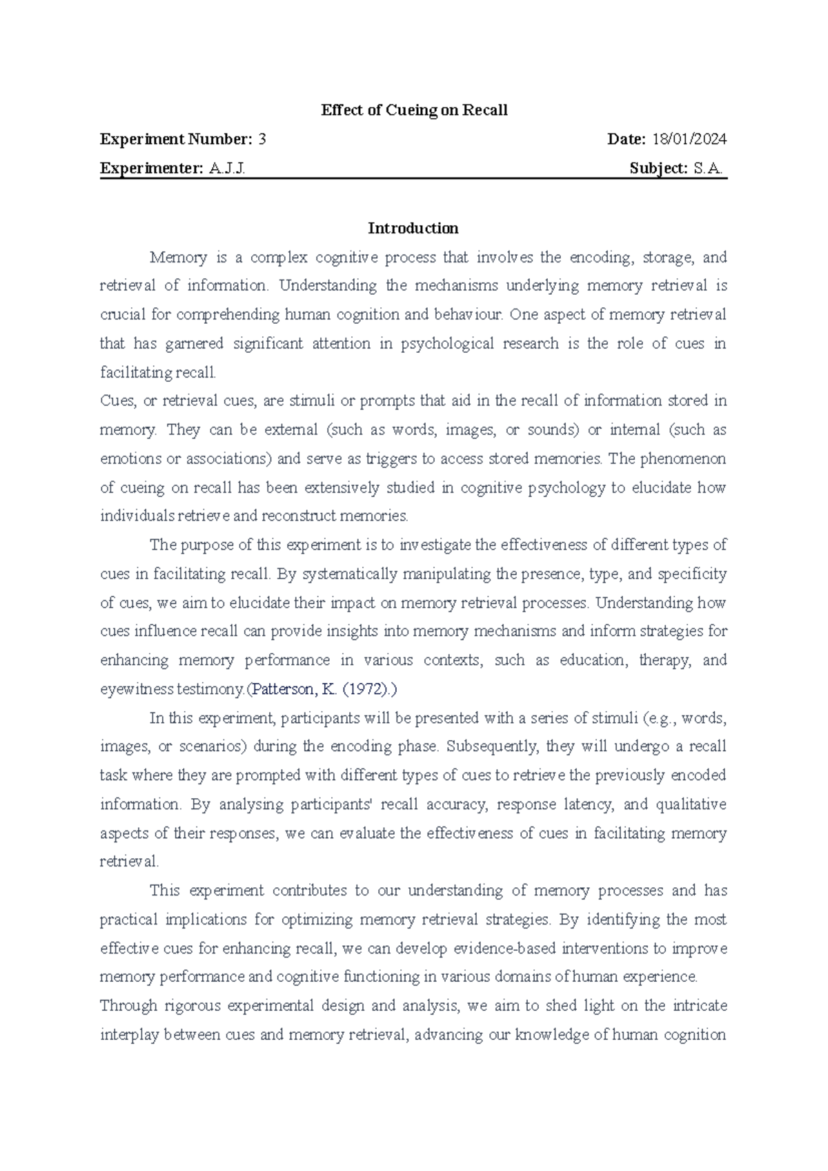 4 cueing on recall - full experiment - Effect of Cueing on Recall ...
