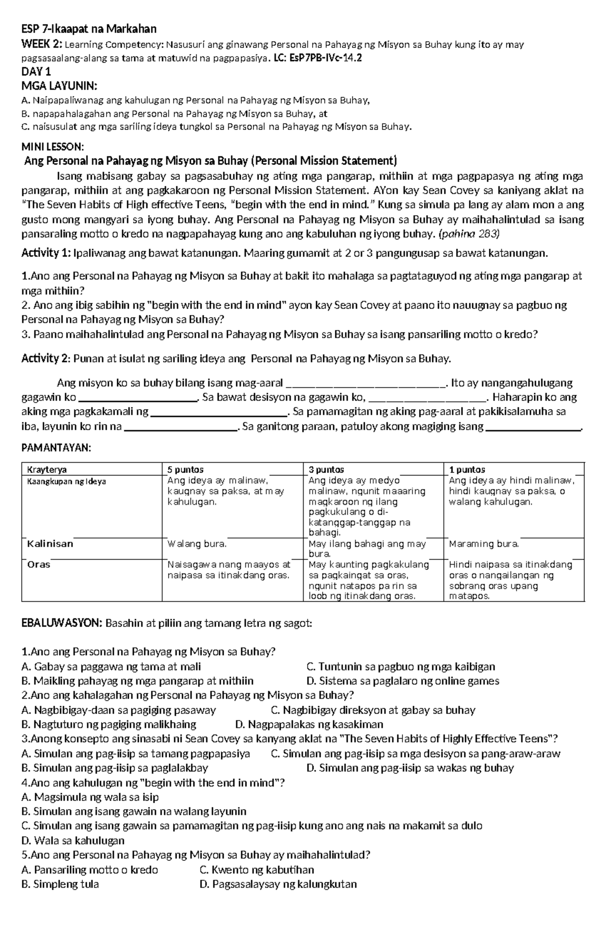 1 ESP 7 Q4 WEEK 2 - Summary Human Anatomy - ESP 7-Ikaapat na Markahan WEEK 2: Learning ...