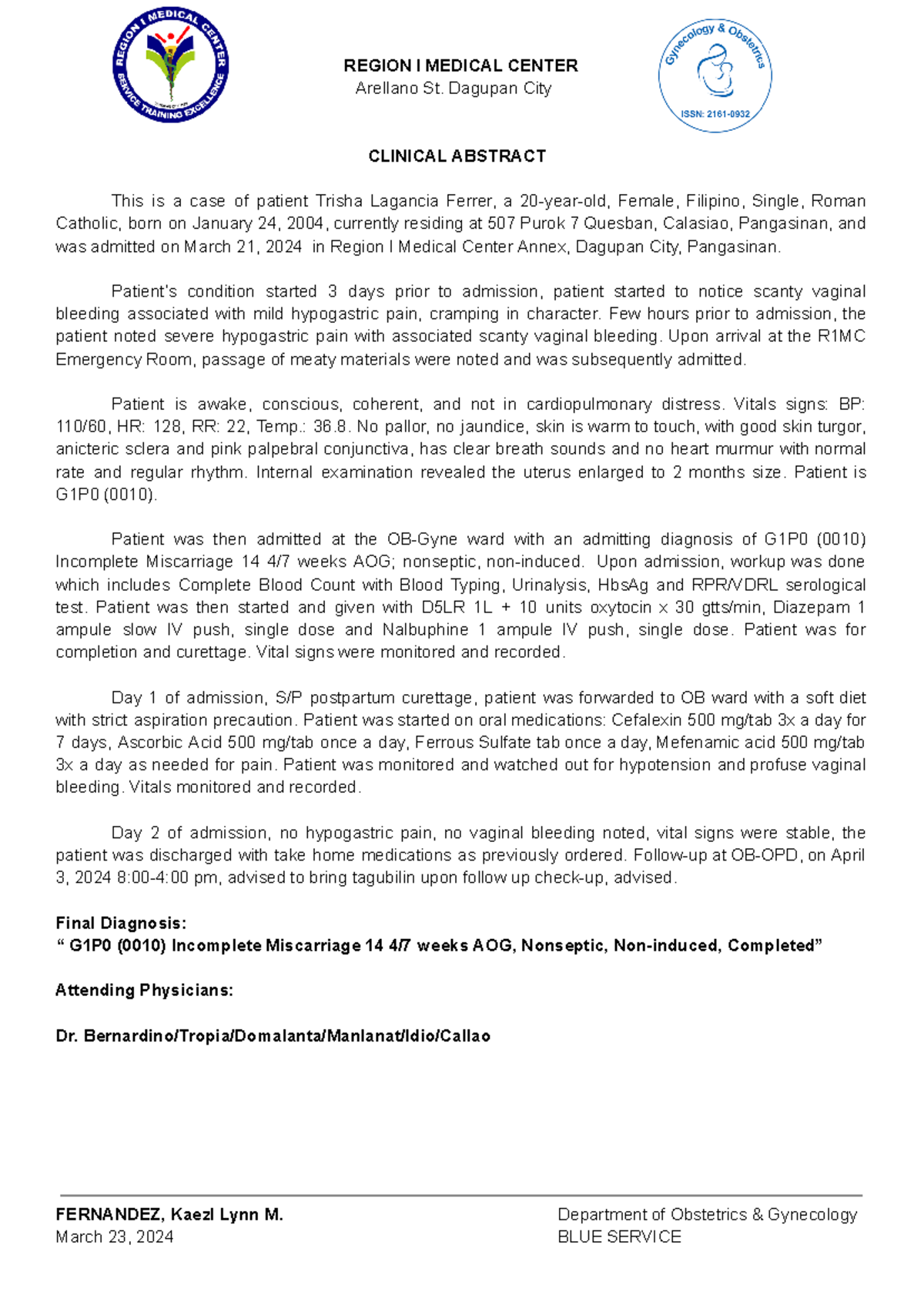 Clinical Abstract - REGION I MEDICAL CENTER Arellano St. Dagupan City ...