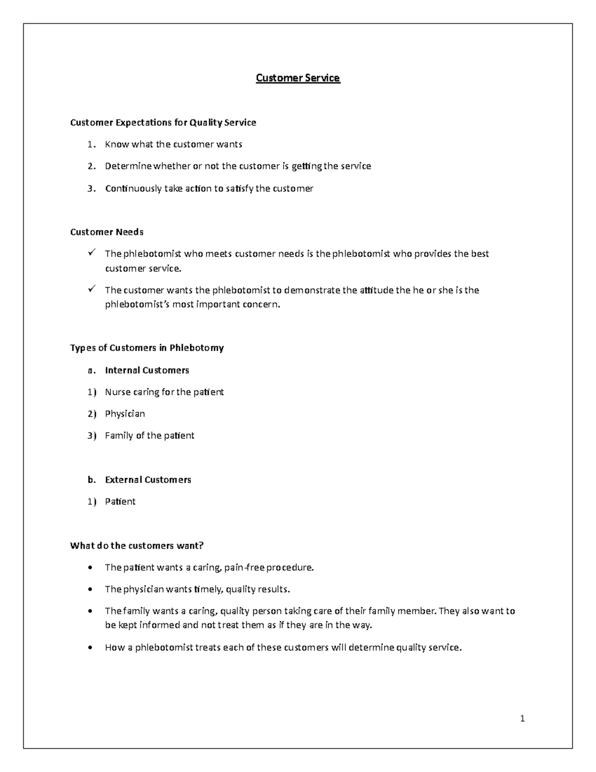 Customer Service - NOTES - Customer Service Customer Expectations for ...