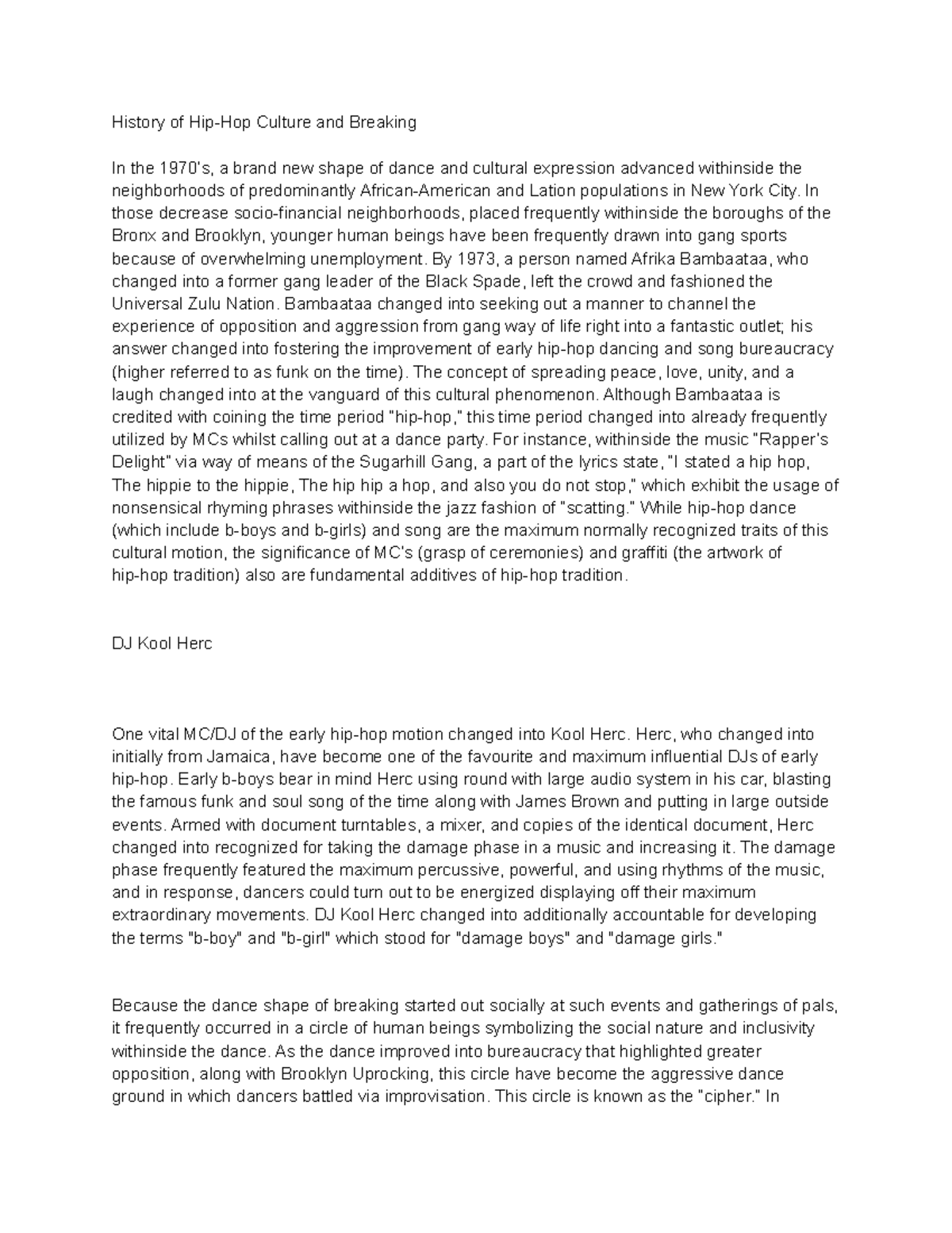 Dance 9 - History of Hip-Hop Culture and Breaking In the 1970’s, a ...