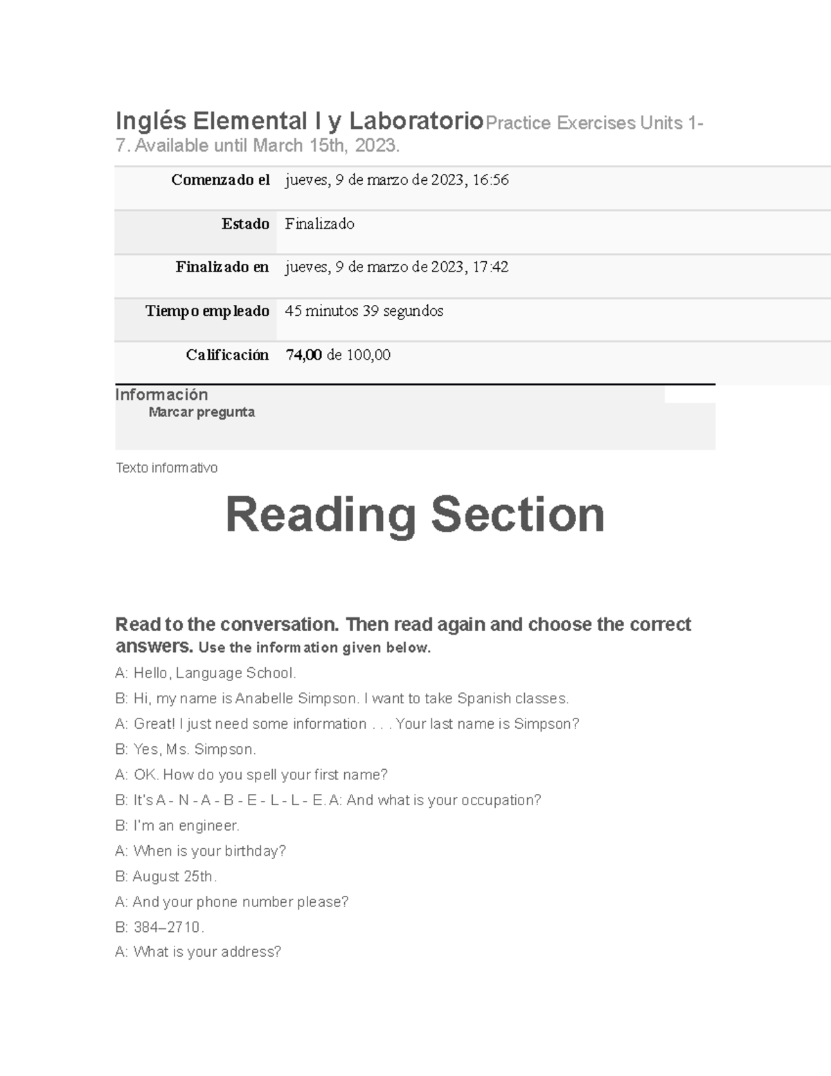 Inglés Elemental I y Laboratorio Unit 1 7 - Inglés Elemental I y ...