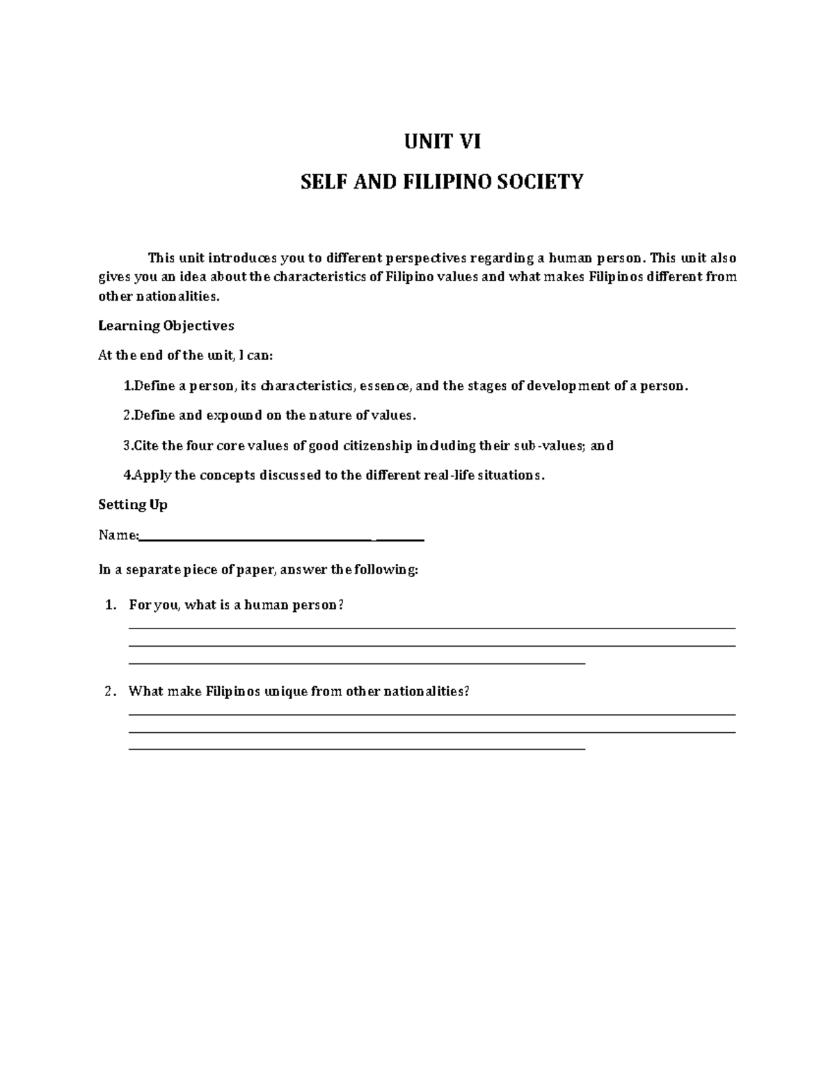 NSTP 1 UNIT 6 Module-SELF AND Filipino Society - UNIT VI SELF AND ...