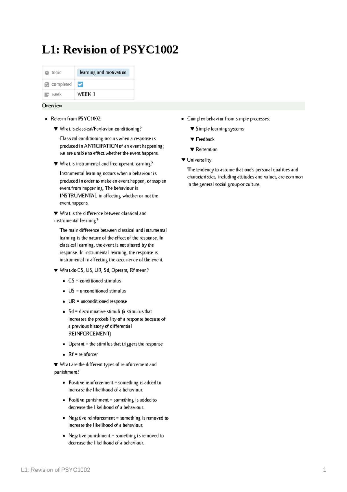 L1 Revision of PSYC1002 - What is instrumental and free operant ...