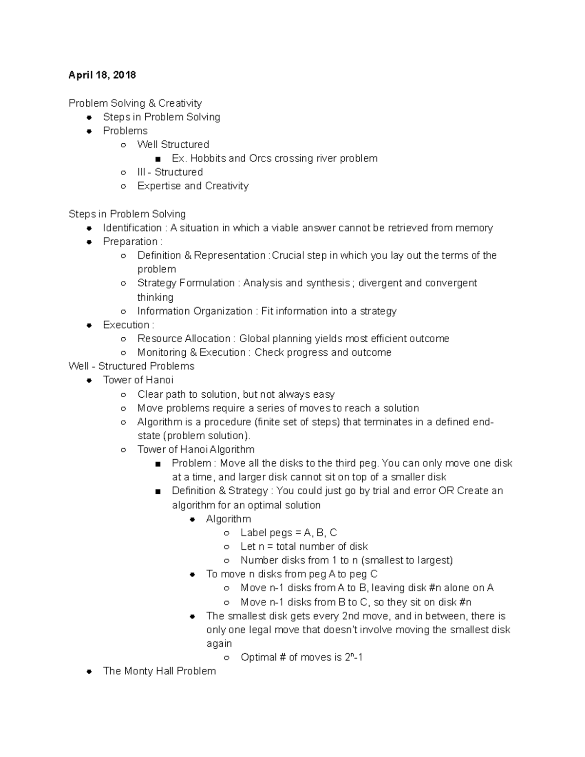 Problem Solving Creativity Notes - April 18, 2018 Problem Solving &amp ...