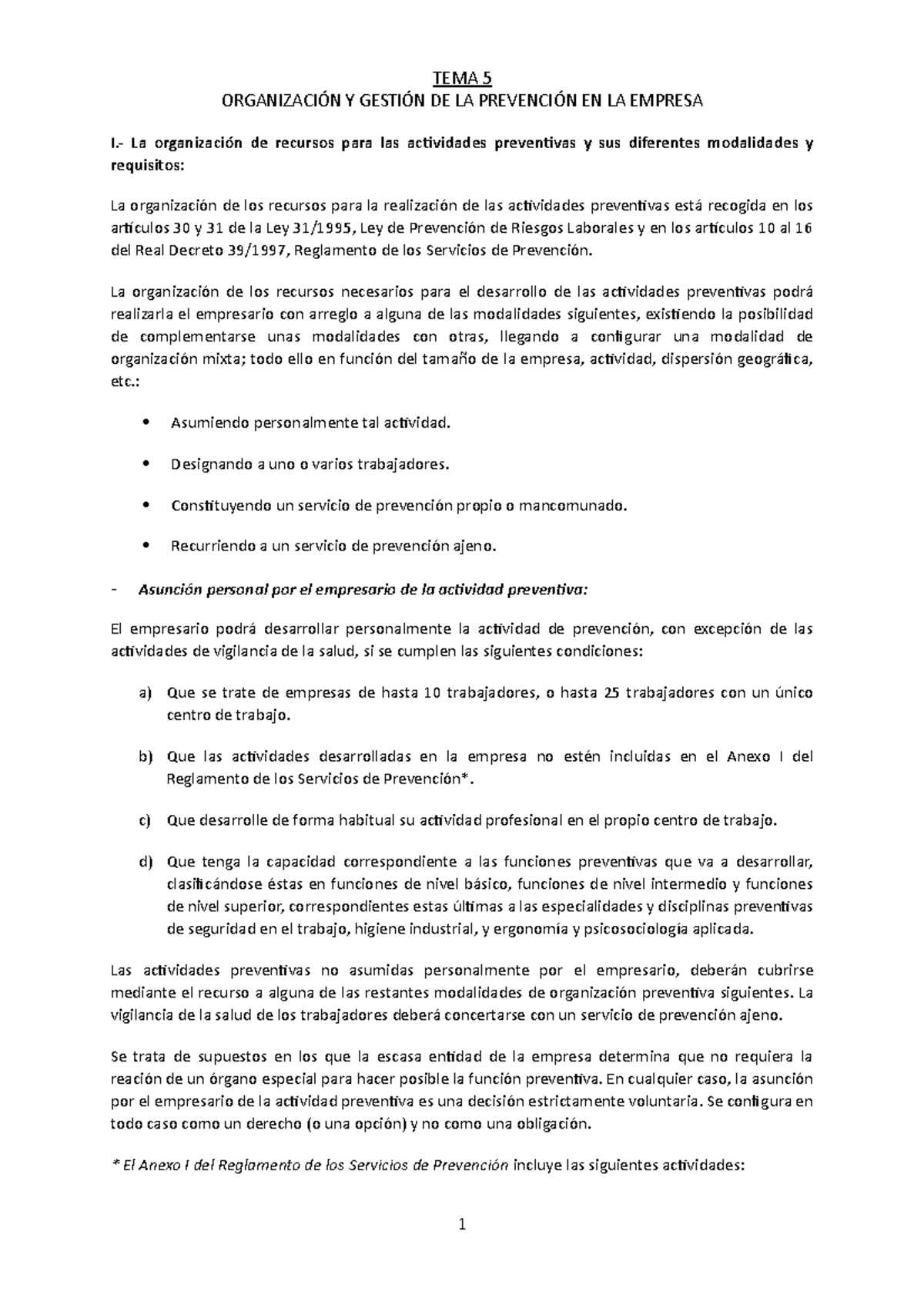 Tema 5. Organizacion gestion PRL - TEMA 5 ORGANIZACIÓN Y GESTIÓN DE LA PREVENCIÓN EN LA EMPRESA ...