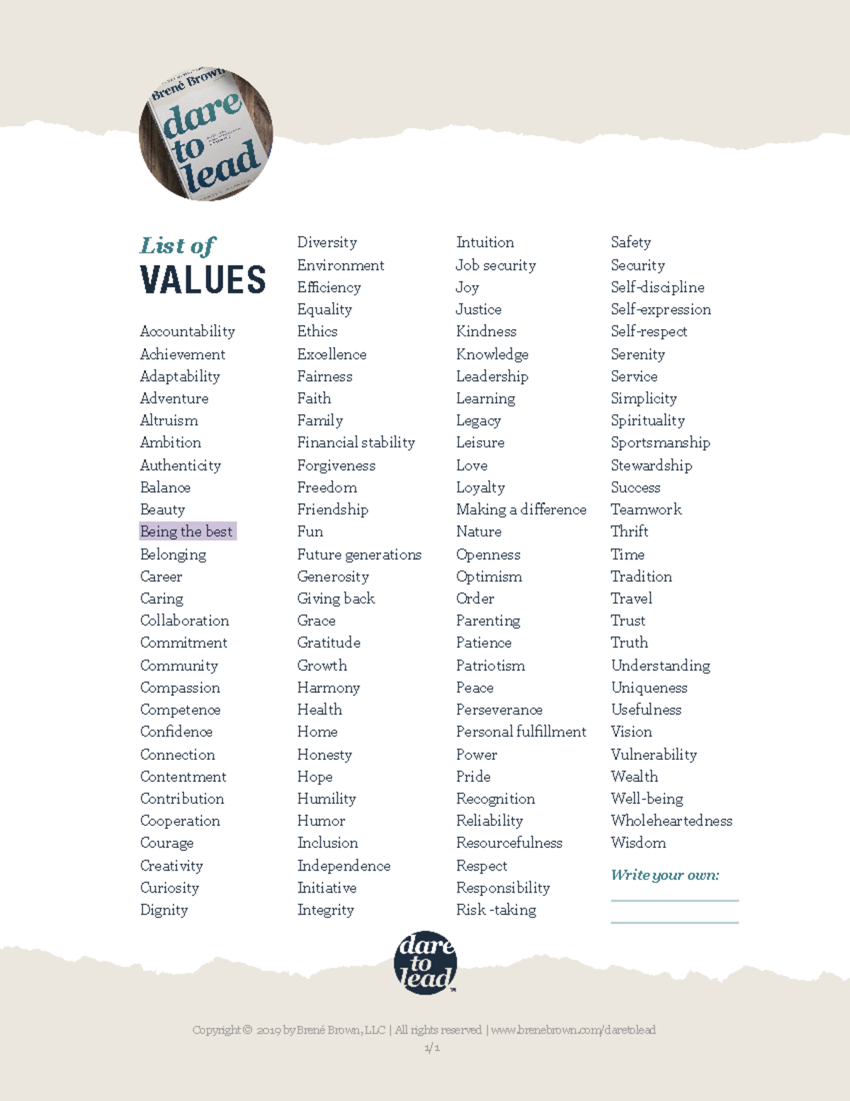Brene Brown Values - VALUES List of 1/ Copyright © 2019 by Brené Brown ...