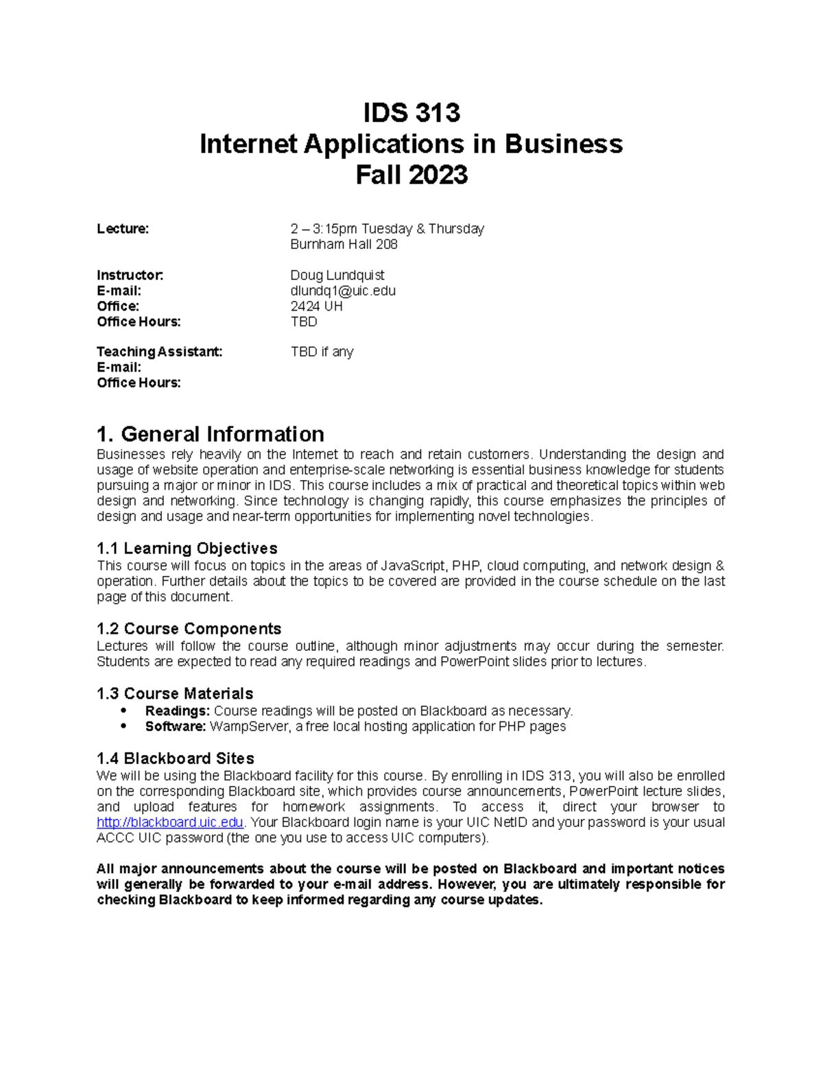 IDS 313 Syllabus Fall 2023 v1 - IDS 313 Internet Applications in Business Fall 2023 Lecture: 2 ...