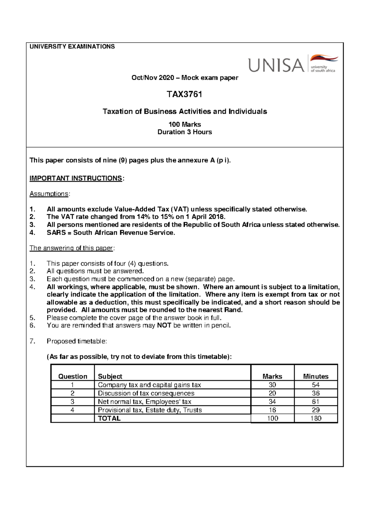 Mock exam paper - Mock exams - UNIVERSITY EXAMINATIONS Oct/Nov 2020 ...