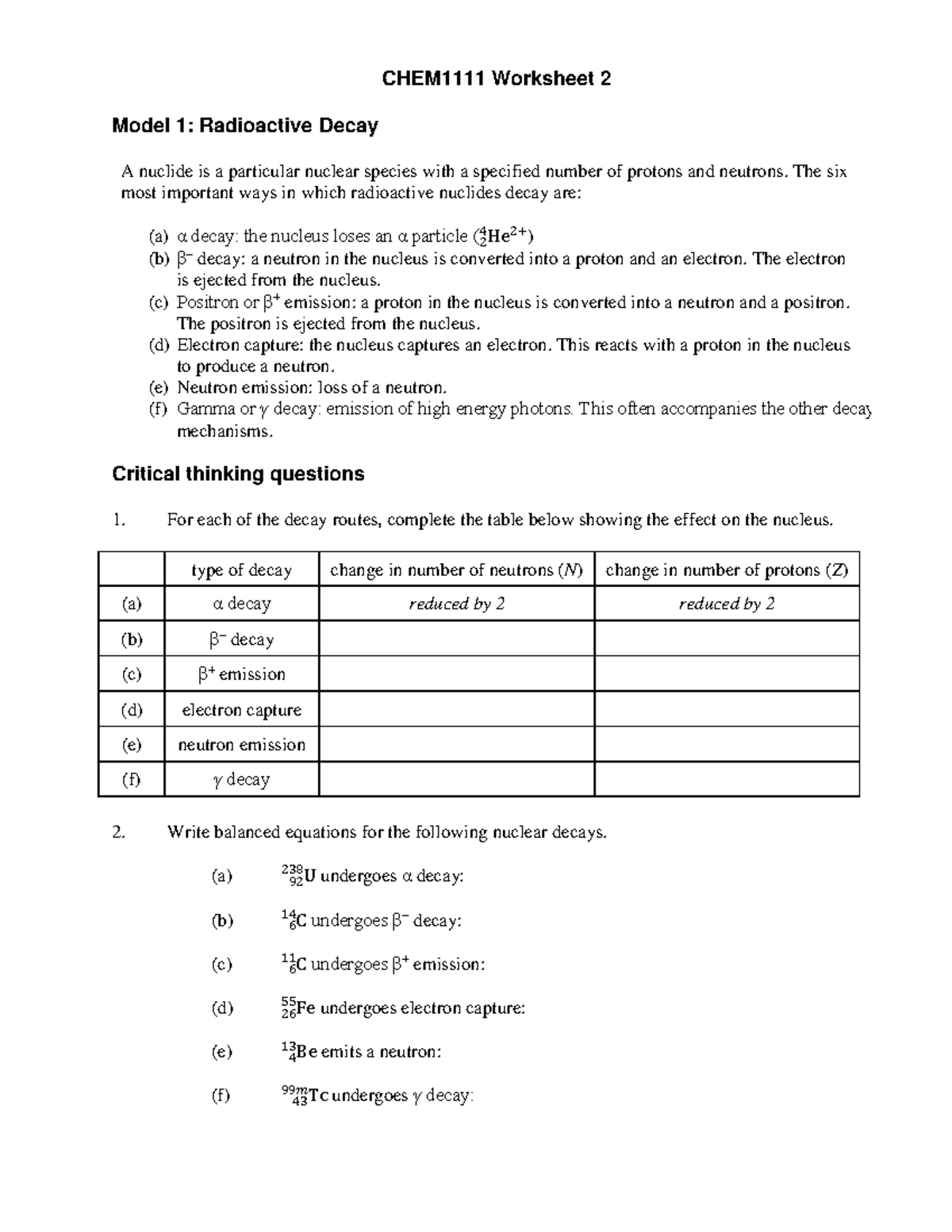 Tutorial 02 - N/a - CHEM11 1 1 Worksheet 2 Model 1: Radioactive Decay A ...