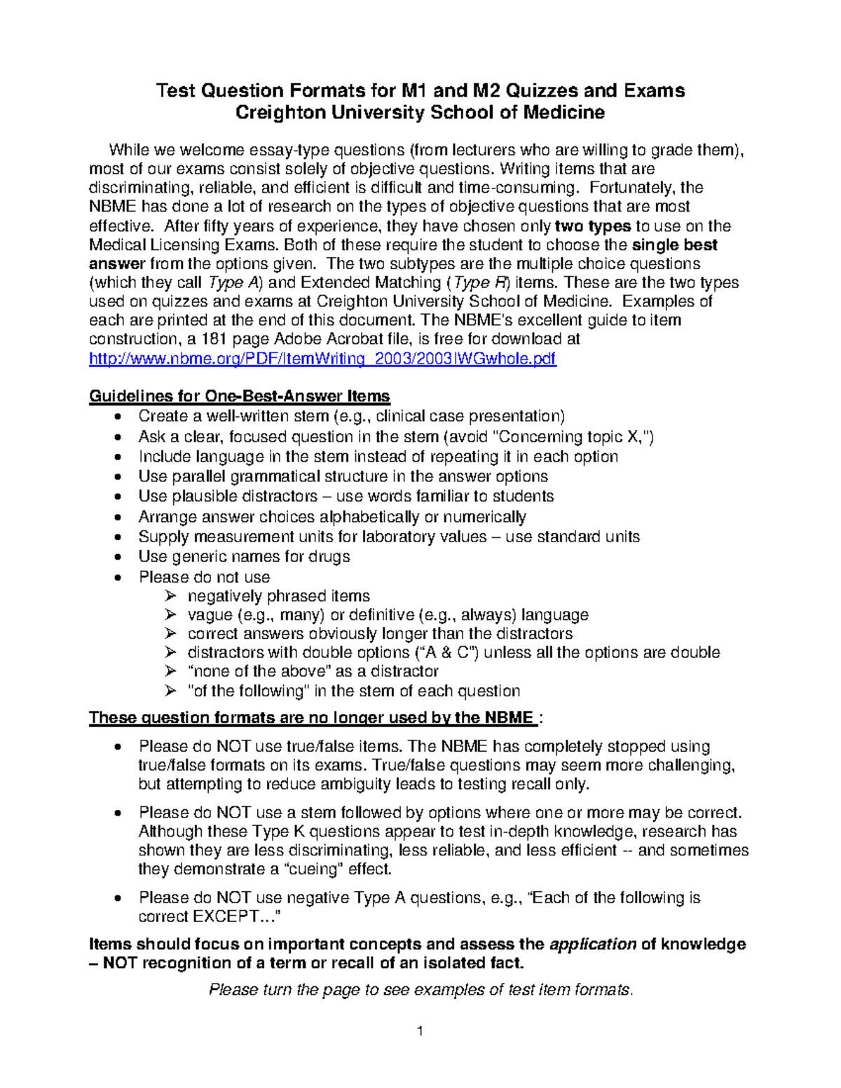 Test Question Formats M 1M2 - Test Question Formats for M1 and M2 ...