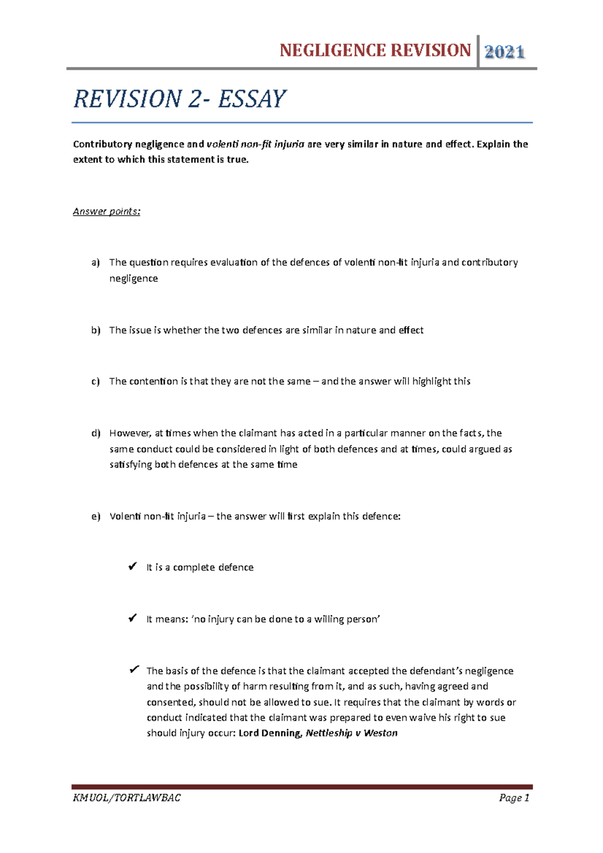 Tort Law Revision 2- Negligence Essay - NEGLIGENCE REVISION 2021 KMUOL ...