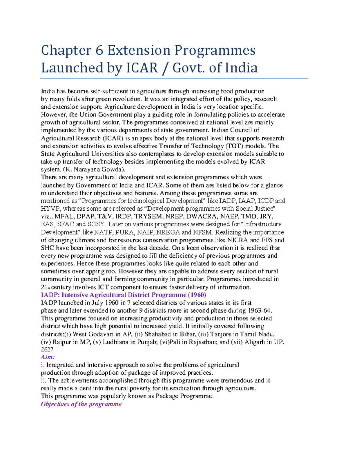 Chapter 6 Extension Programmes Launched by ICAR - of India India has ...