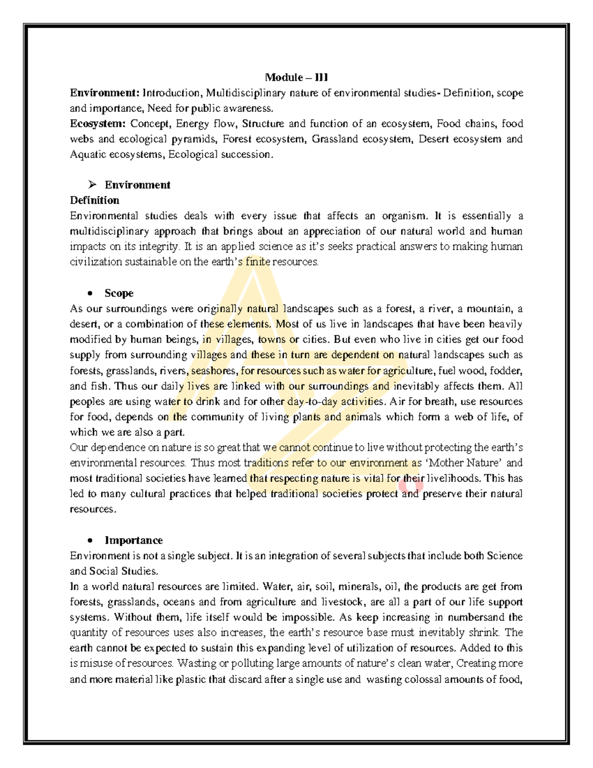 EE Mod3@Az Documents - Module – III Environment: Introduction, Multidisciplinary nature of - Studocu