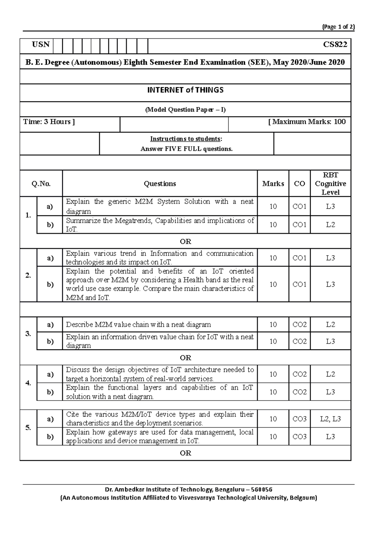 Io T ELE Model Question Paper 1 - (Page 1 of 2) USN CS B. E. Degree ...