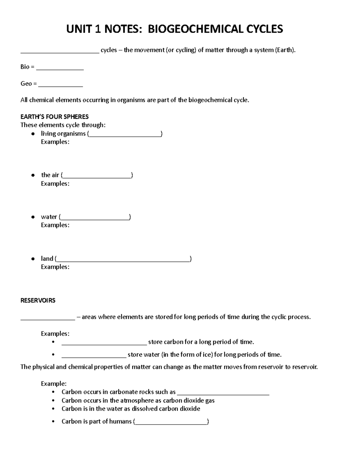 Biogeochemical Cycles Notes - UNIT 1 NOTES: BIOGEOCHEMICAL CYCLES