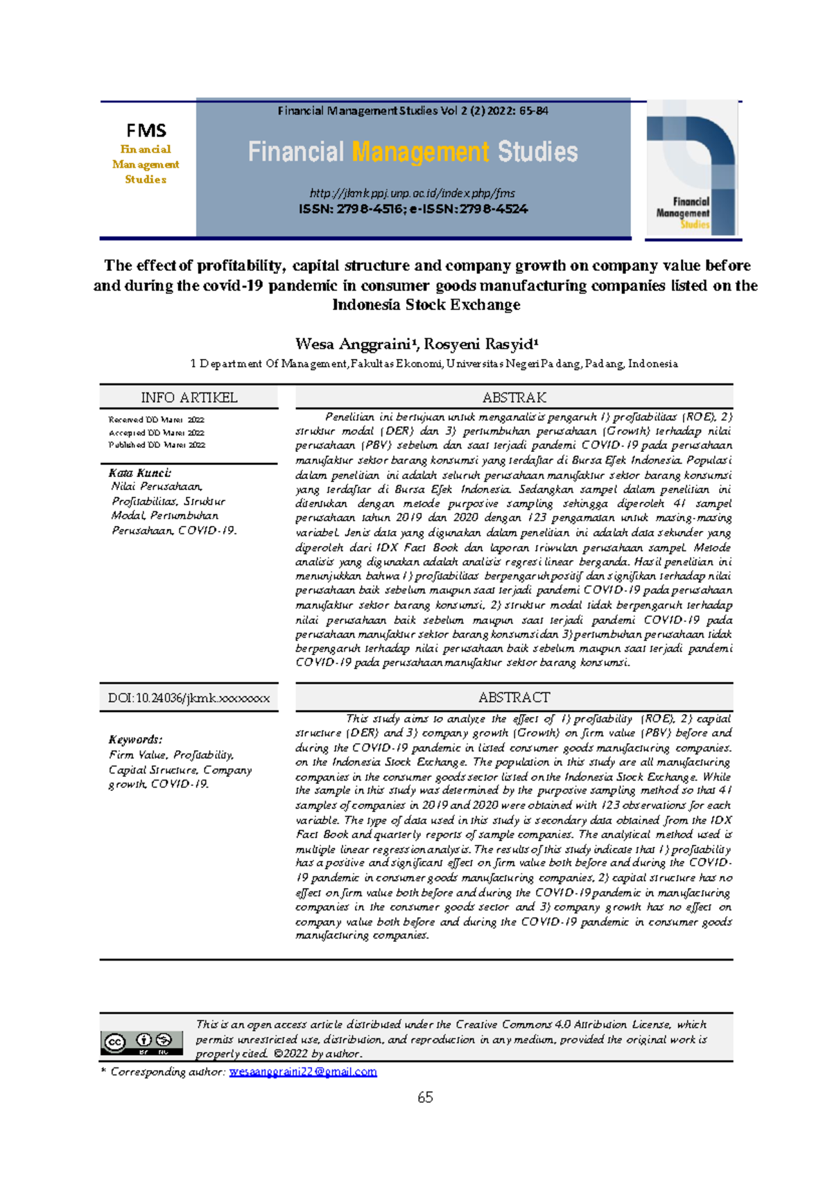93-Article Text-454-1-10-20220715 - JKMK Jurnal Kajian Manajemen Keuangan FMS Financial ...