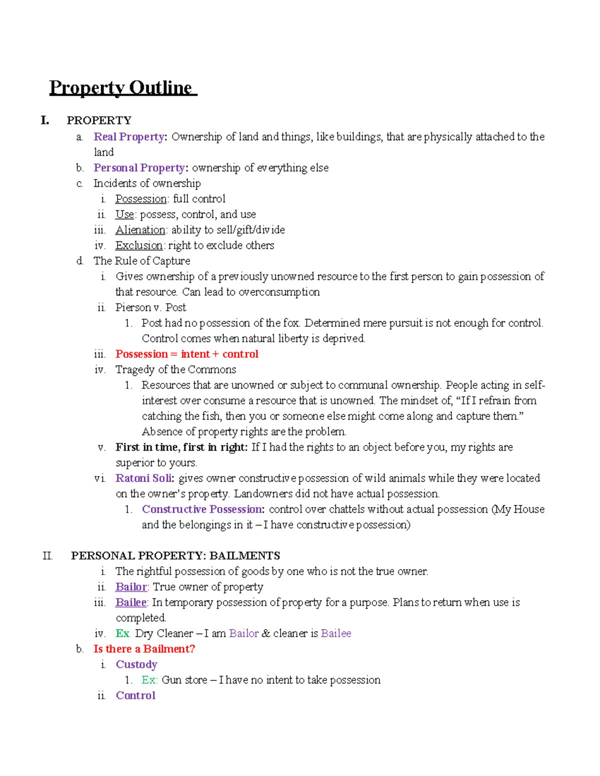 Property Outline - PROPERTY a. Real Property: Ownership of land and ...