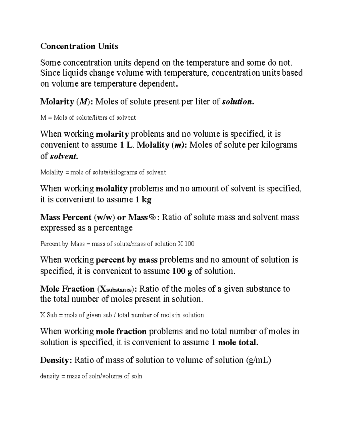 General Chemistry Lecture Notes - Concentration Units Some ...