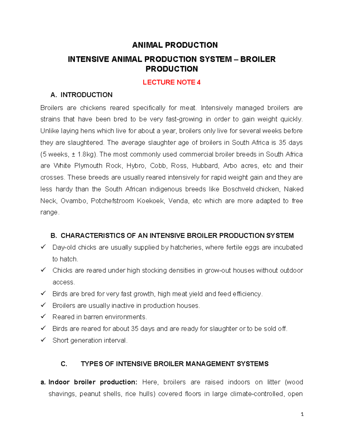 Lecture 4 Broiler Production - ANIMAL PRODUCTION INTENSIVE ANIMAL ...