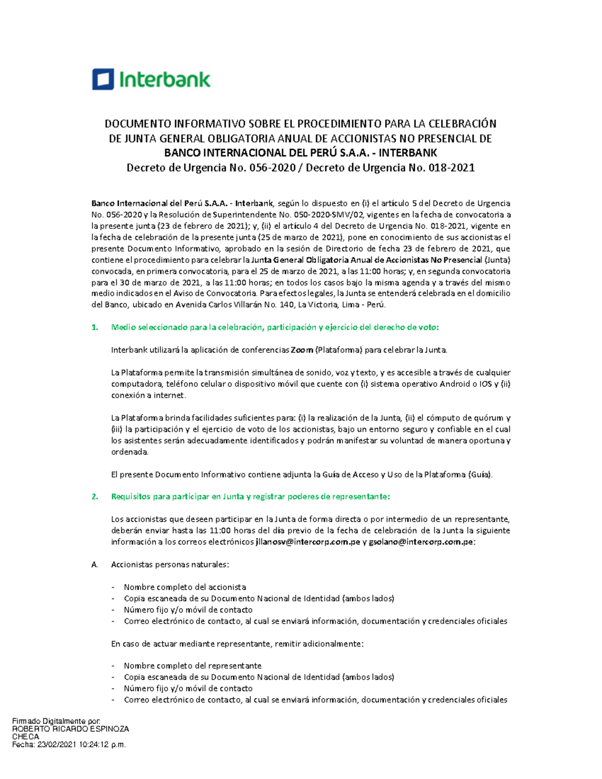 Documento de interbank - DOCUMENTO INFORMATIVO SOBRE EL PROCEDIMIENTO PARA LA CELEBRACIÓN DE ...