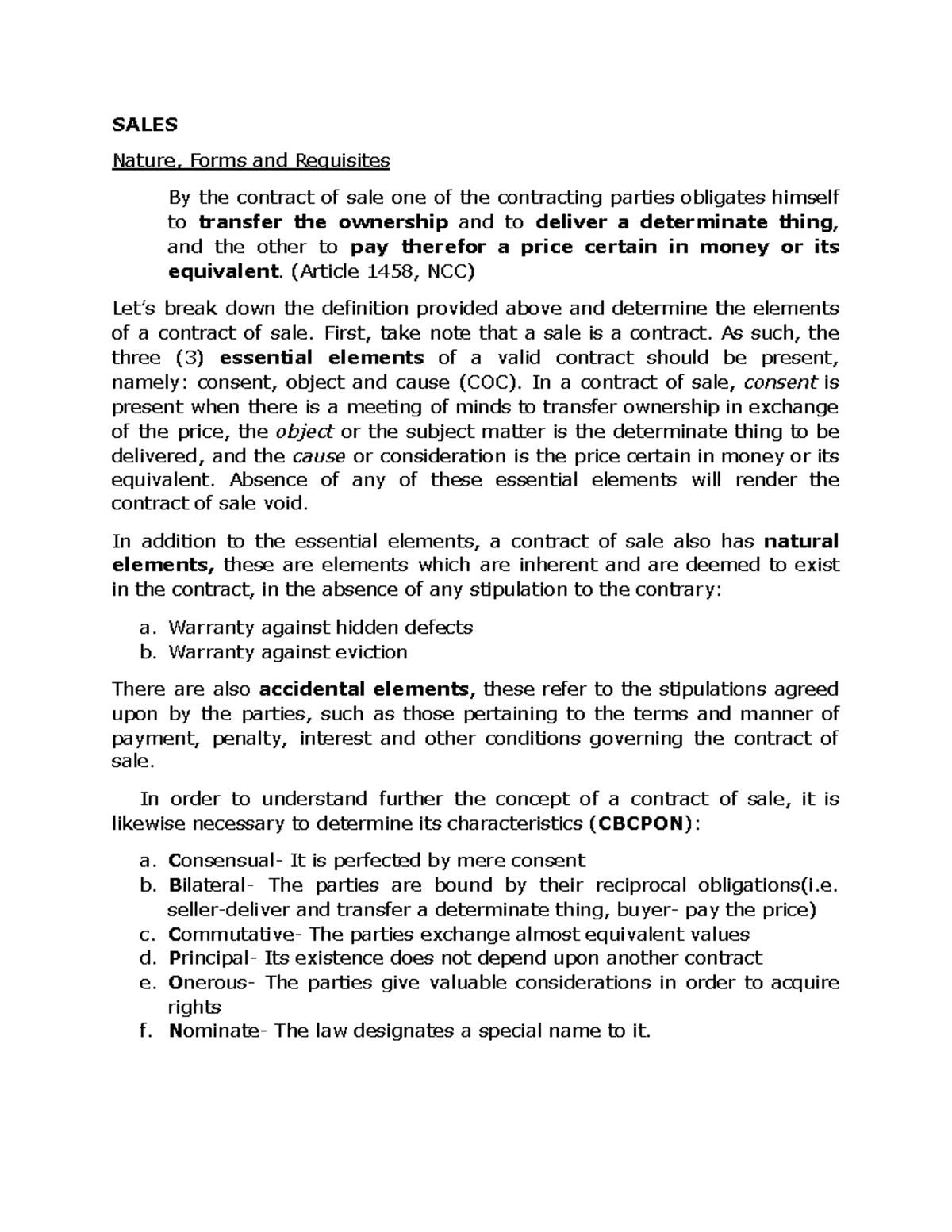 Sales Handout Part 1BU BSA - SALES Nature, Forms and Requisites By the ...