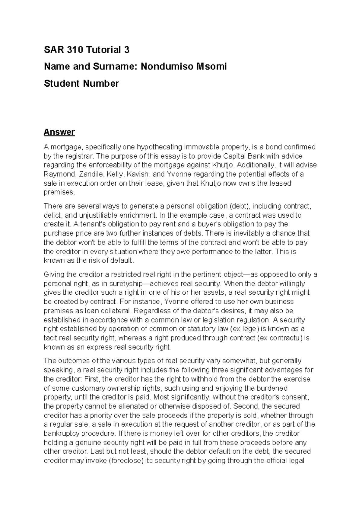 SAR 310 Tutorial 3 - SAR Tut 3 - SAR 310 Tutorial 3 Name and Surname ...