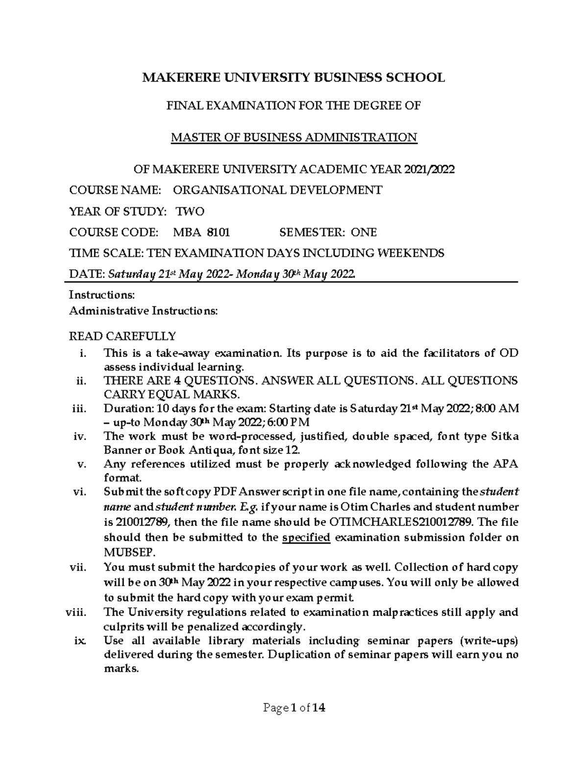 Final Examination - Organisational Development MBA 2 - MAKERERE ...