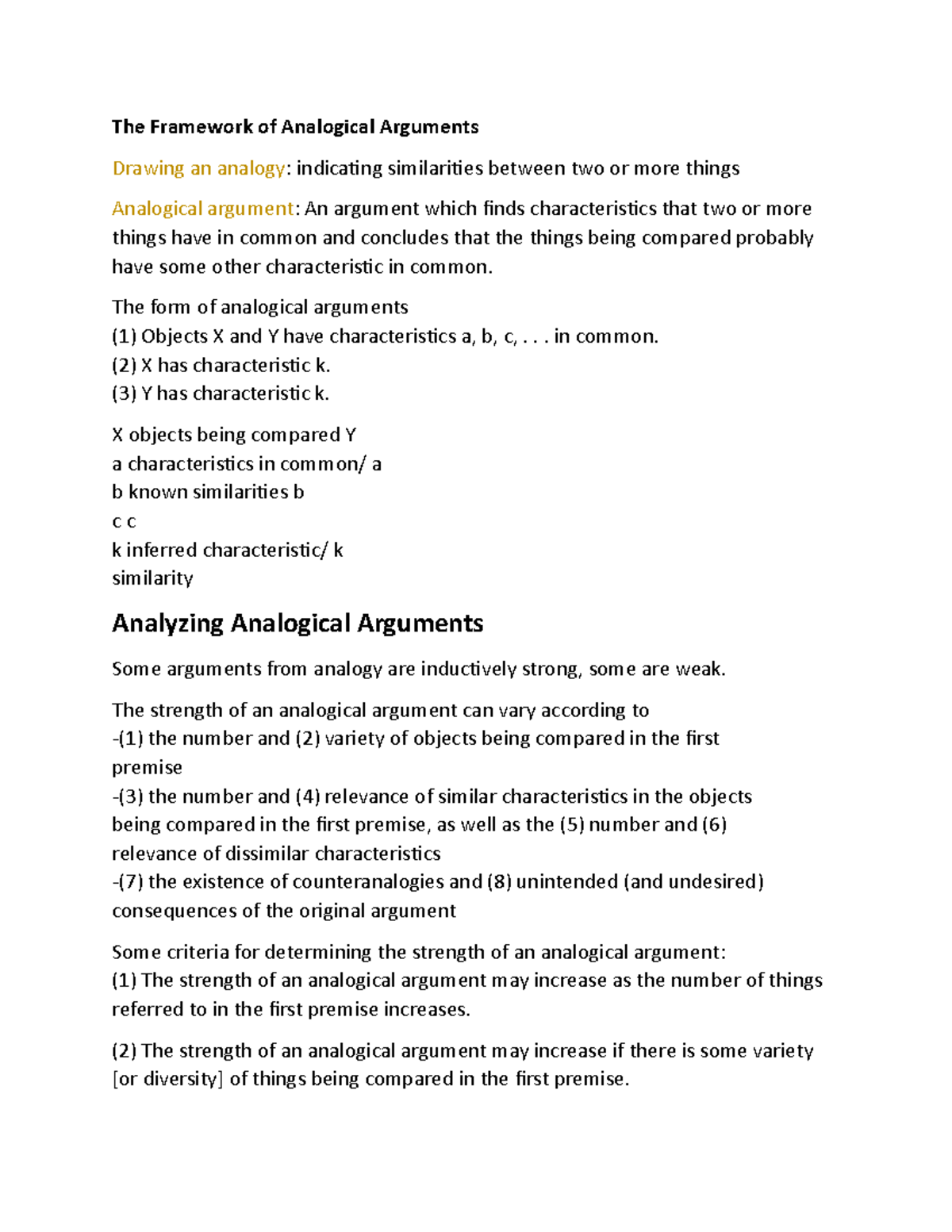 Notes 2 - The Framework of Analogical Arguments Drawing an analogy ...