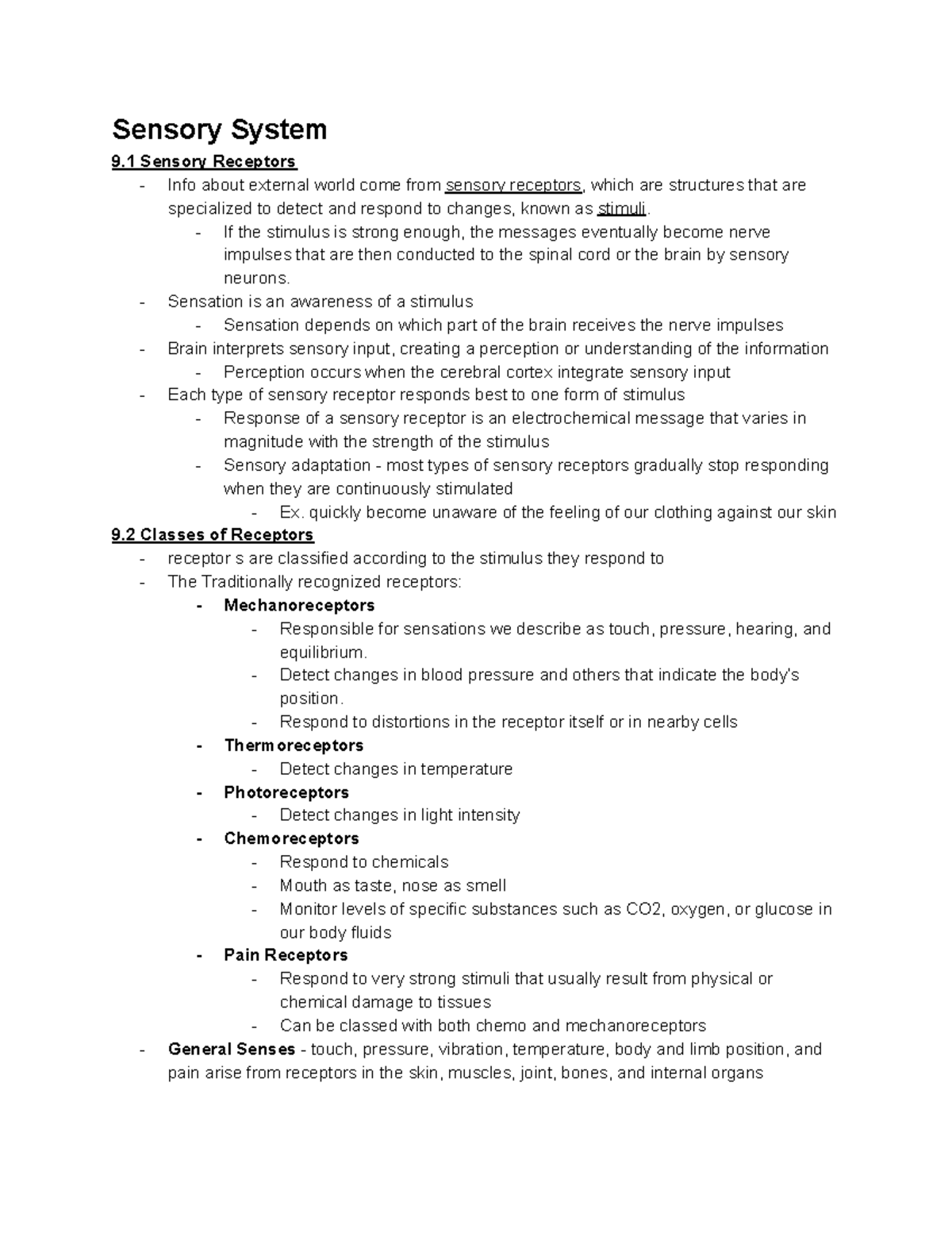 BIO003 Exam 3 Study Guide - Sensory System 9 Sensory Receptors - Info ...