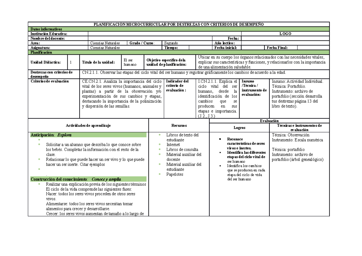 CCNN 2 UD1 DCD2 - plan dcd - PLANIFICACIÓN MICROCURRICULAR POR ...