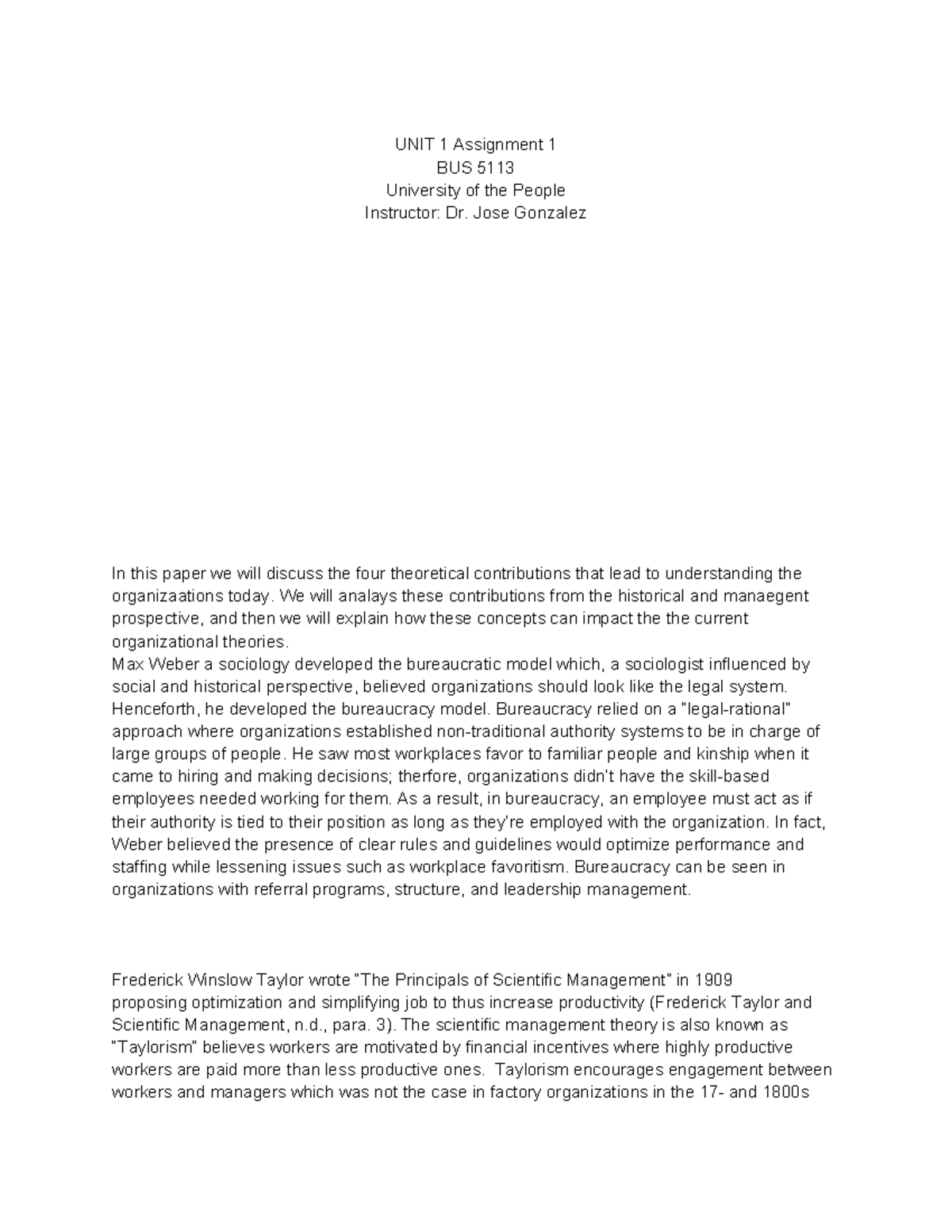 Unit 1 Assignment 1 Unit 1 Assignment 1 Bus 5113 University Of The People Instructor Dr Jose