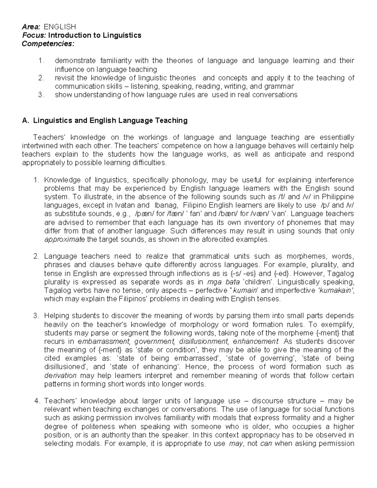 Introduction to Linguistics - Area: ENGLISH Focus: Introduction to ...