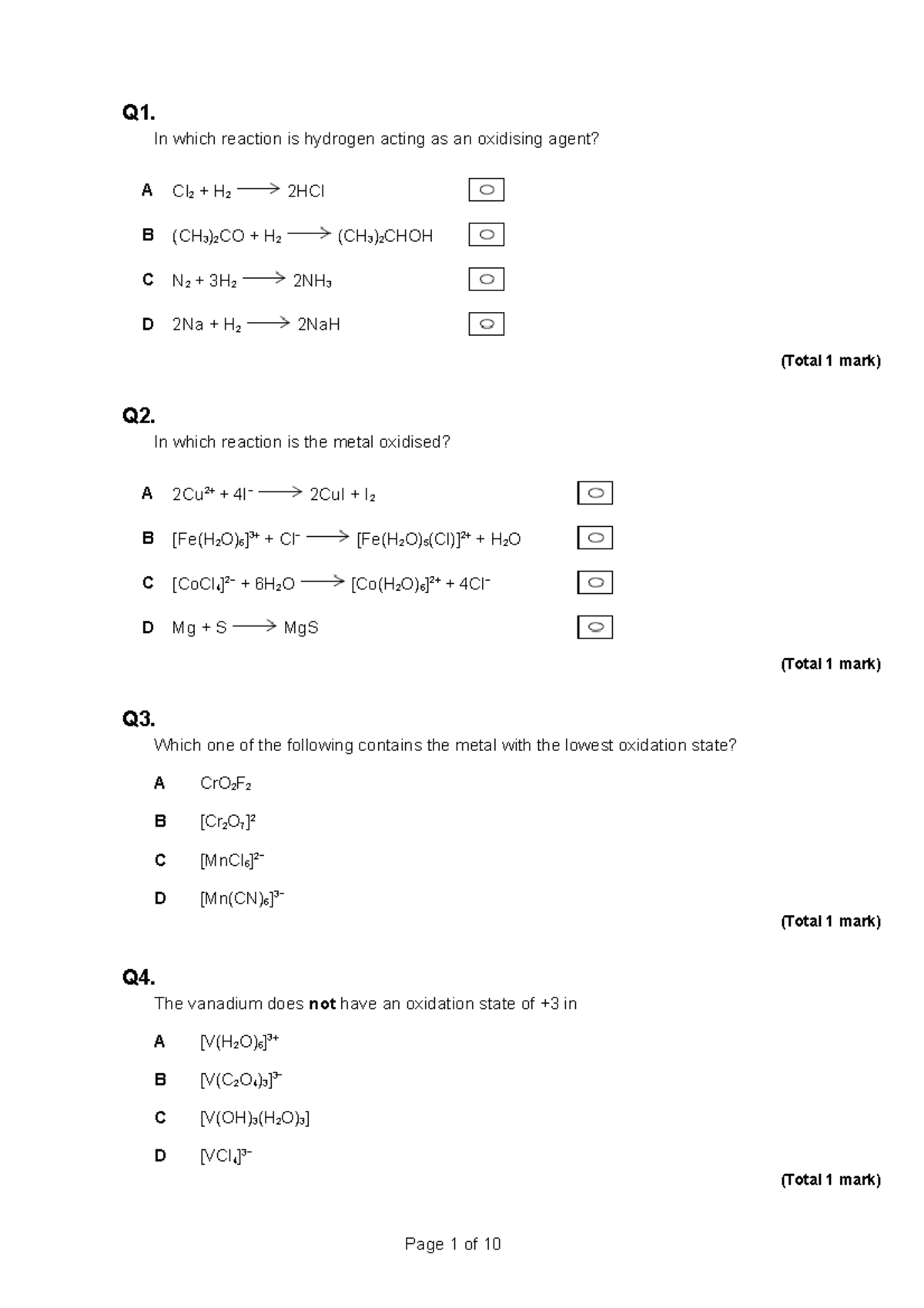 Redox Practice Questions copy - Q1. In which reaction is hydrogen ...